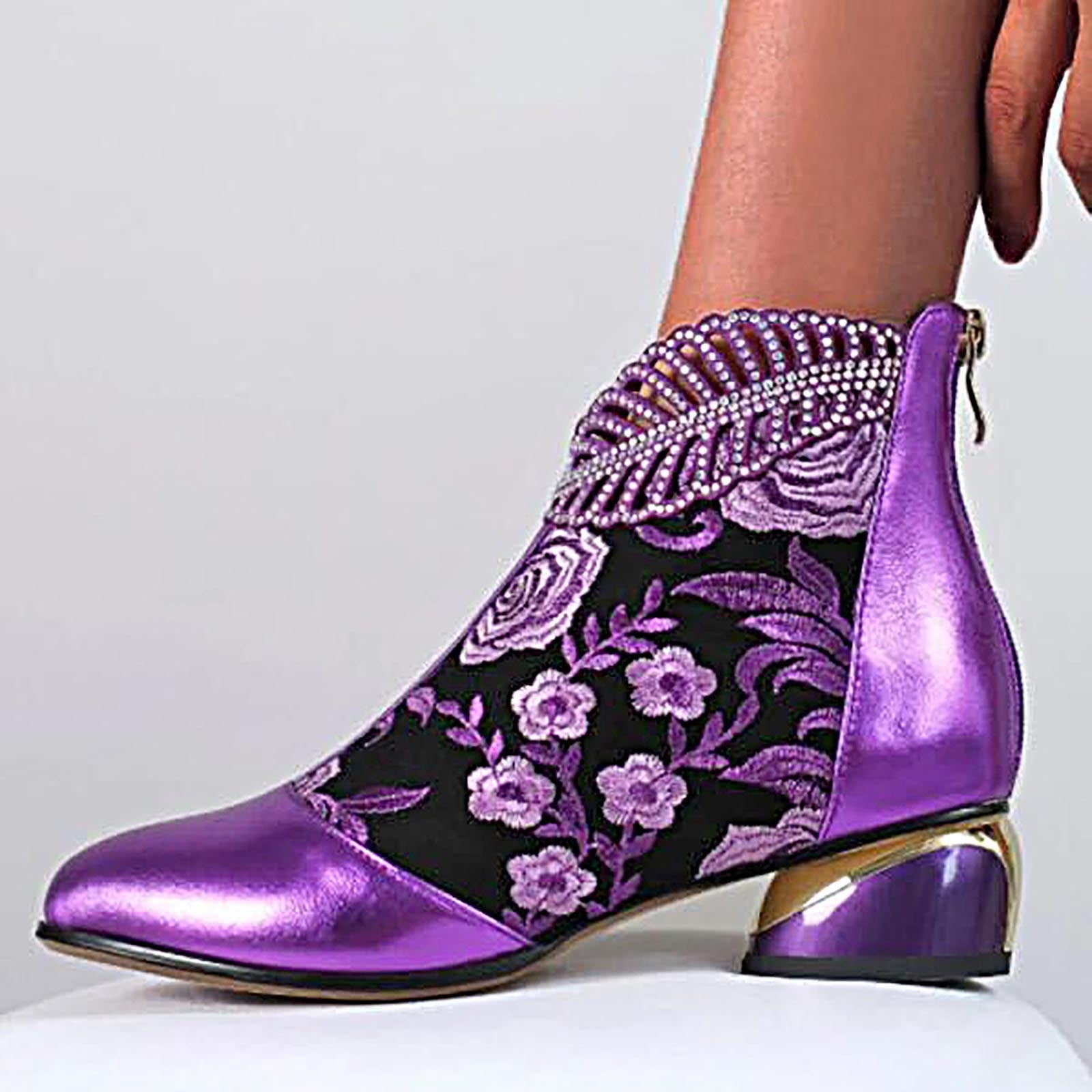 SuoKom Women's Retro Embroidered Rhinestone Thick Heel Booties, Plus ...