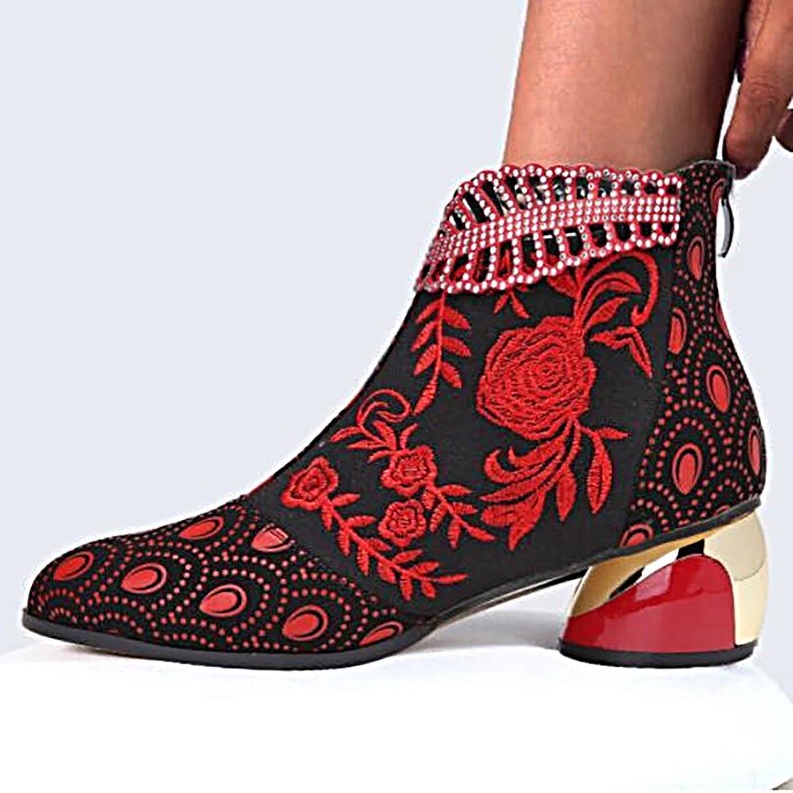 Suokom Boots for Women, Retro Embroidered Rhinestone Thick Heel Boots ...