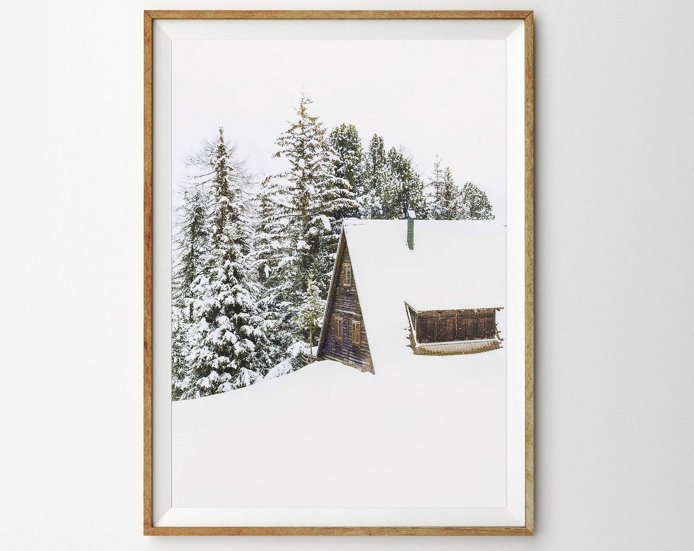 Winter Scene Log Cabin Print Decor Cabin In Woods Snowy Evergreens Wall ...