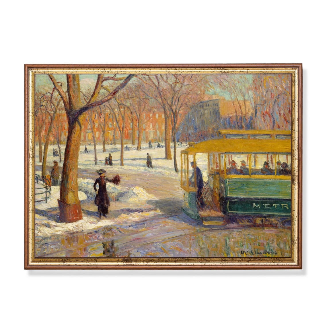 Winter Scene Poster Antique Snow Landscape With Green Car Warm Present ...