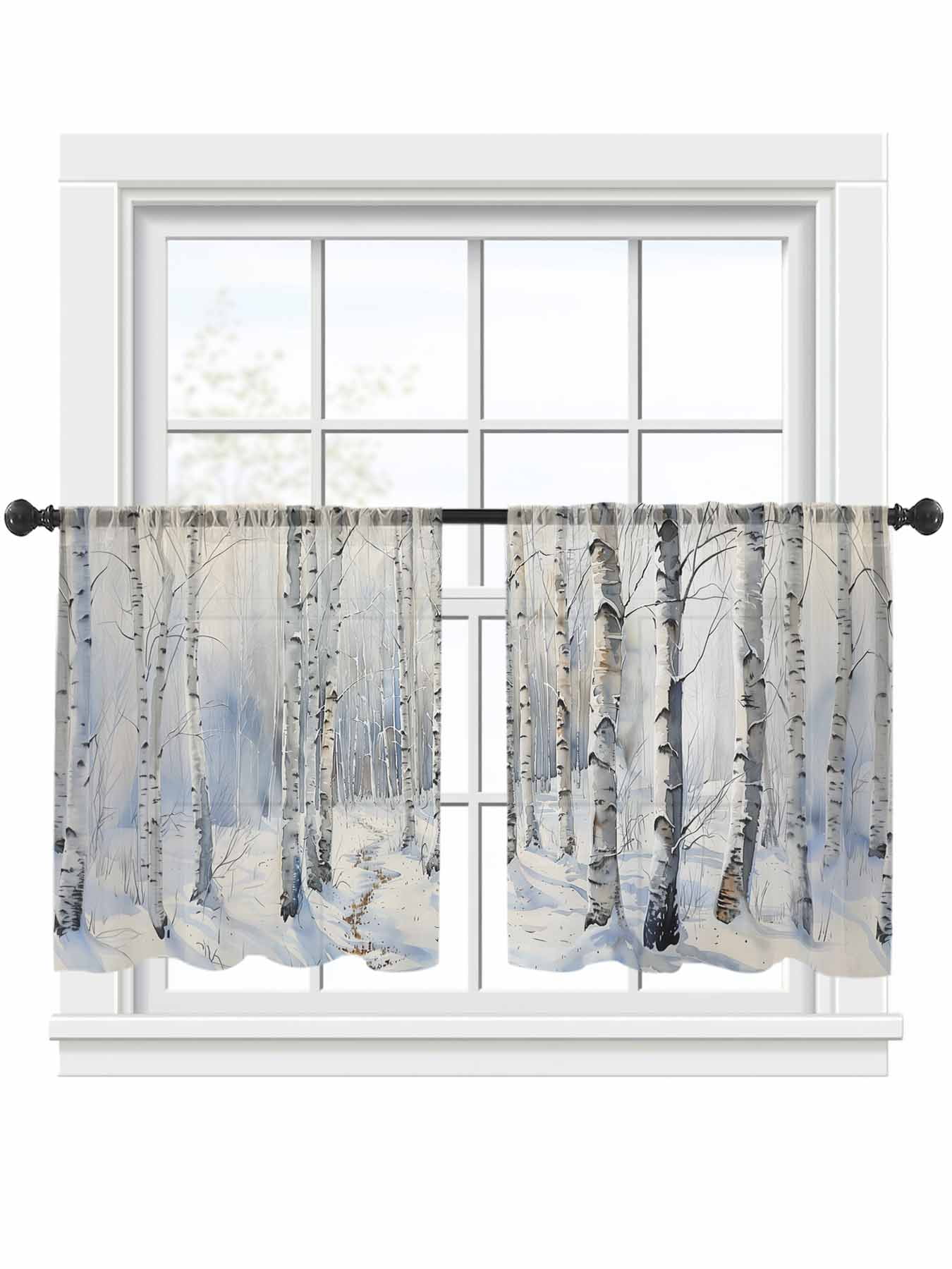 Winter Sheer Curtains 54 Inches Long 2 Panels Watercolor Hand Drawn ...