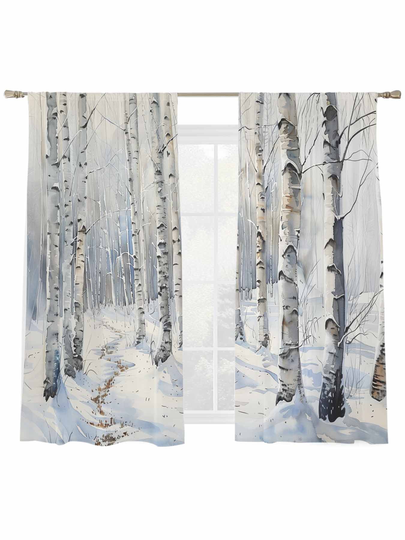 Winter Sheer Curtains 63 Inches Long 2 Panels Watercolor Hand Drawn ...