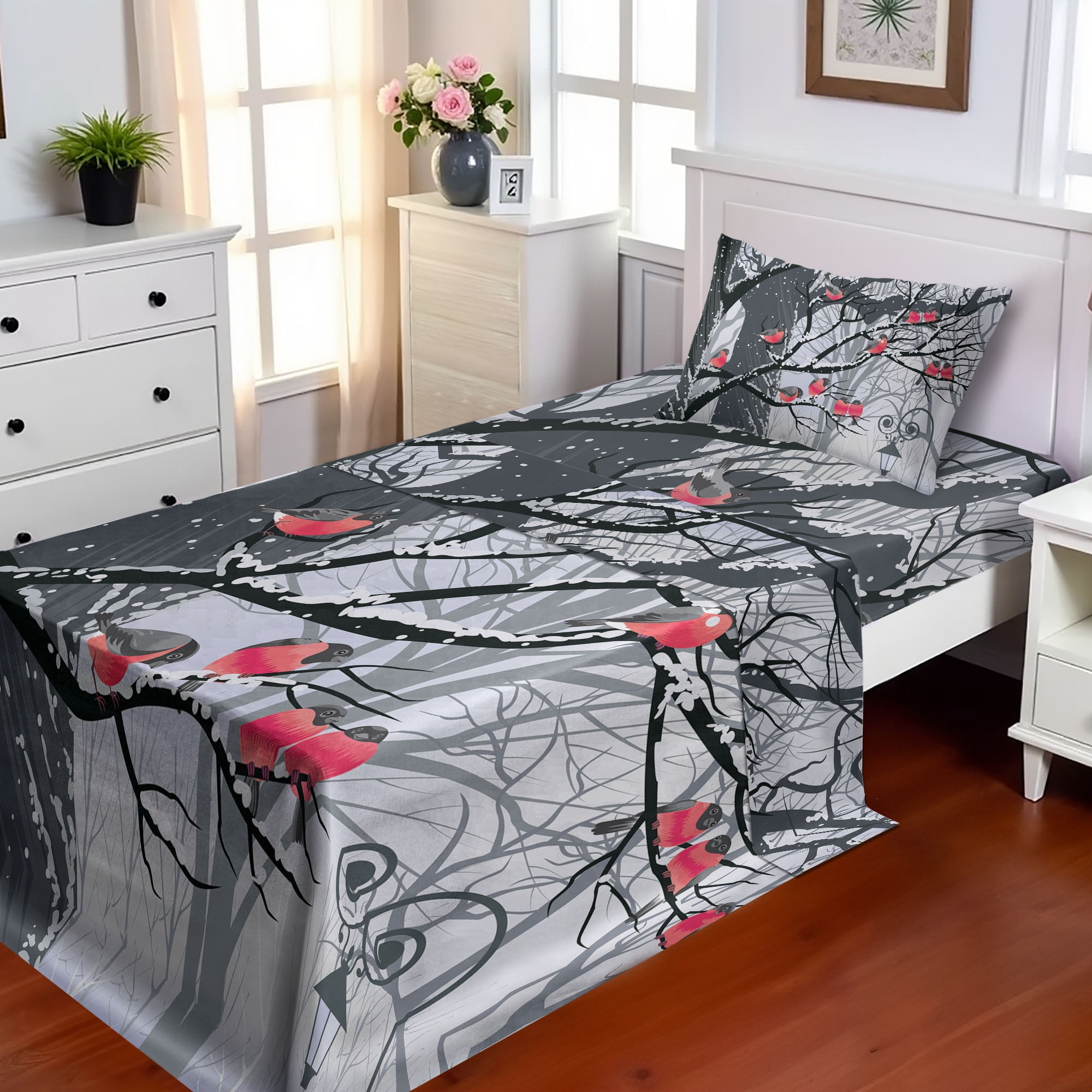 Winter Sheet Set, Bullfinches on Trees Winter City Park Snow Cold ...