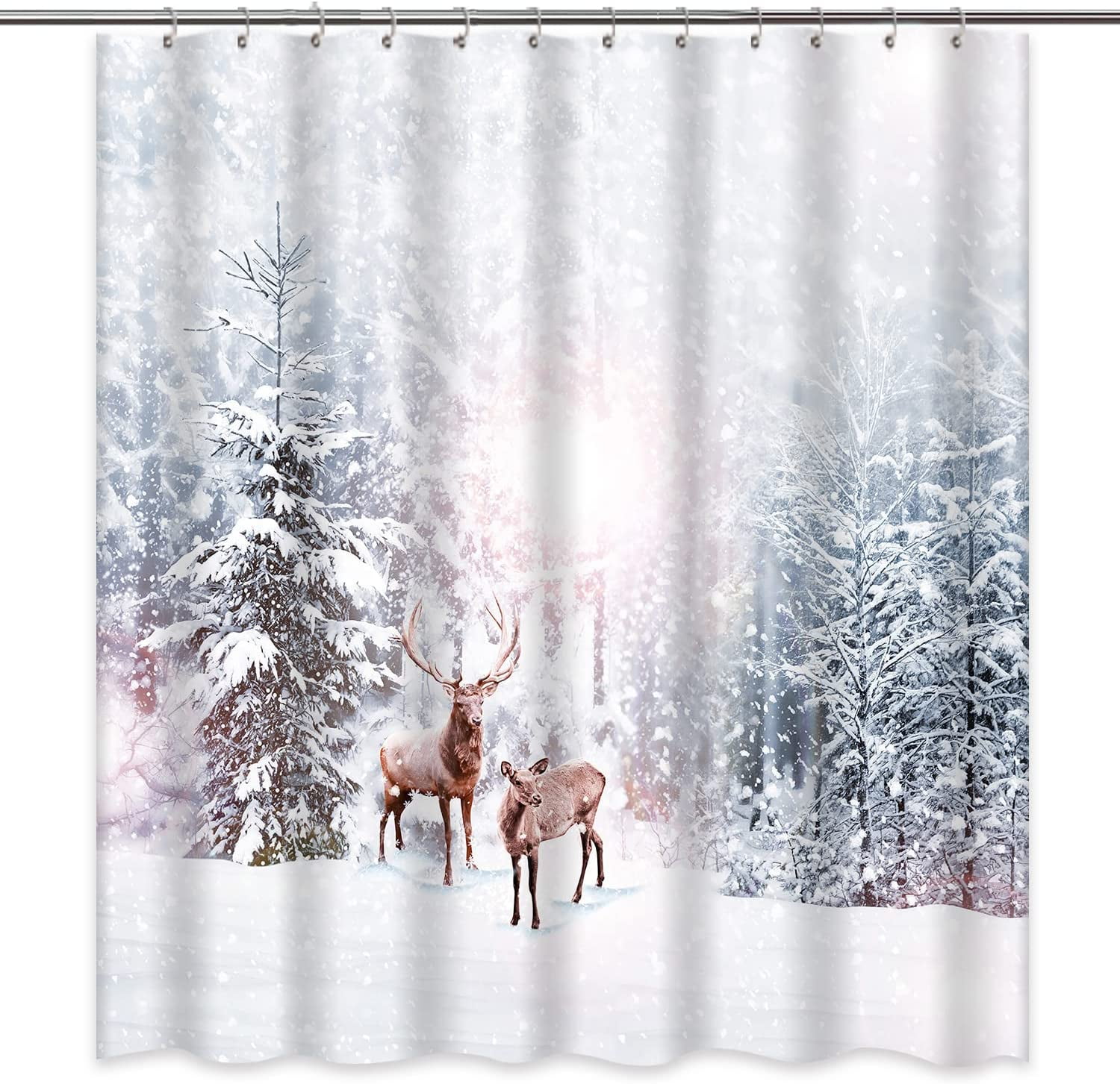 Winter Shower Curtain Christmas Snow Forest Trees Deer Winter Snowflake ...