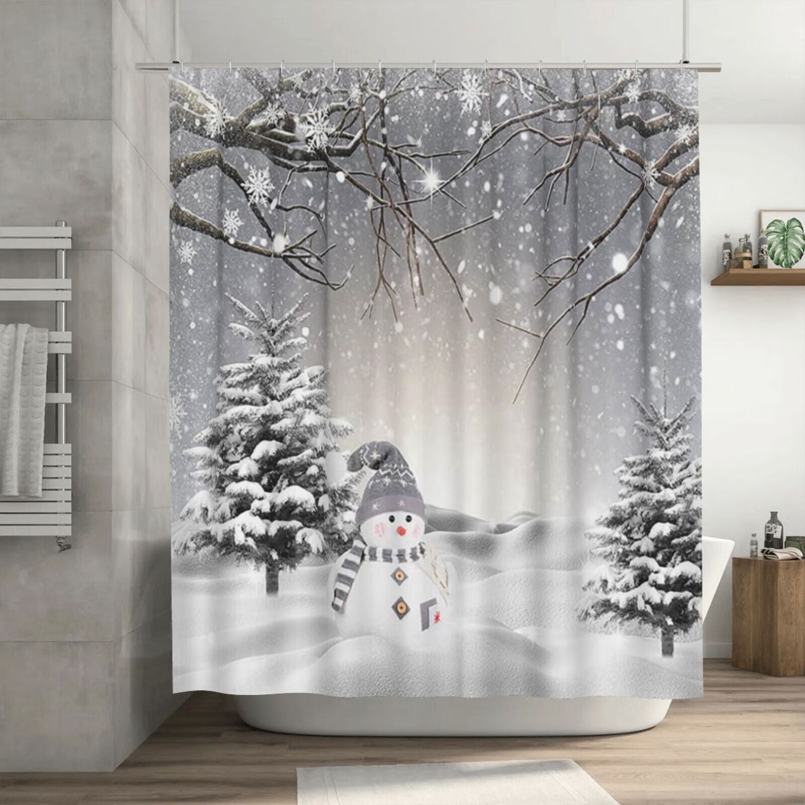 Winter Shower Curtain, Purple Christmas Forest Mountain Scenery Snow ...