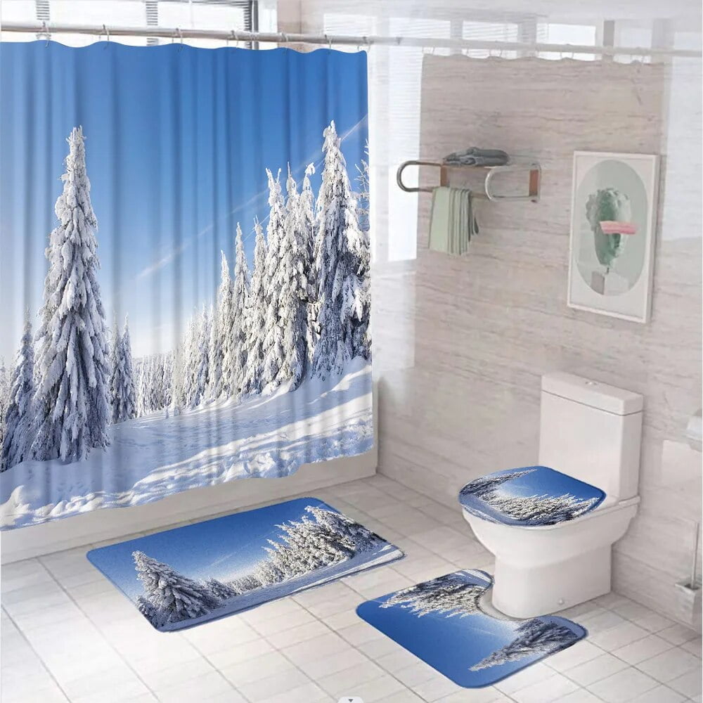 Winter Shower Curtain Set Natural Forest Snowflake Snowfall Cedar Tree ...