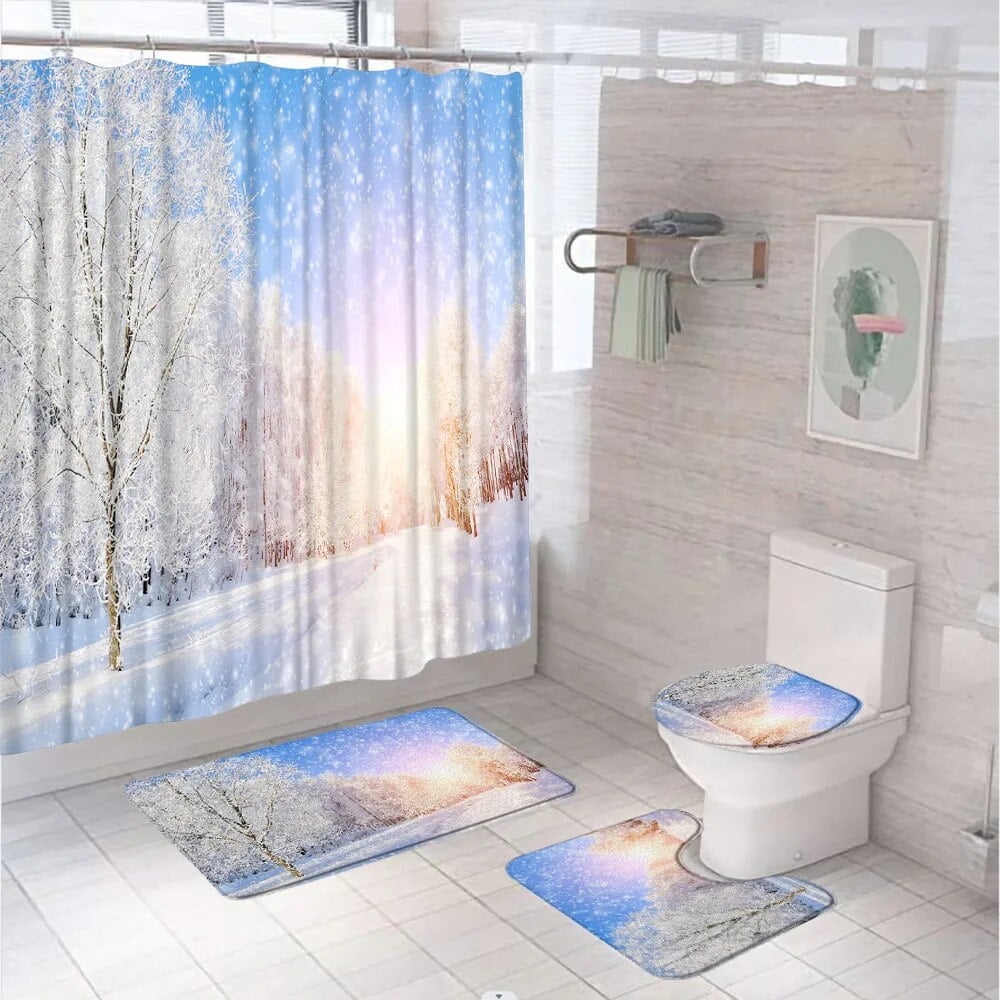 Winter Shower Curtain Set Natural Forest Snowflake Snowfall Cedar Tree ...