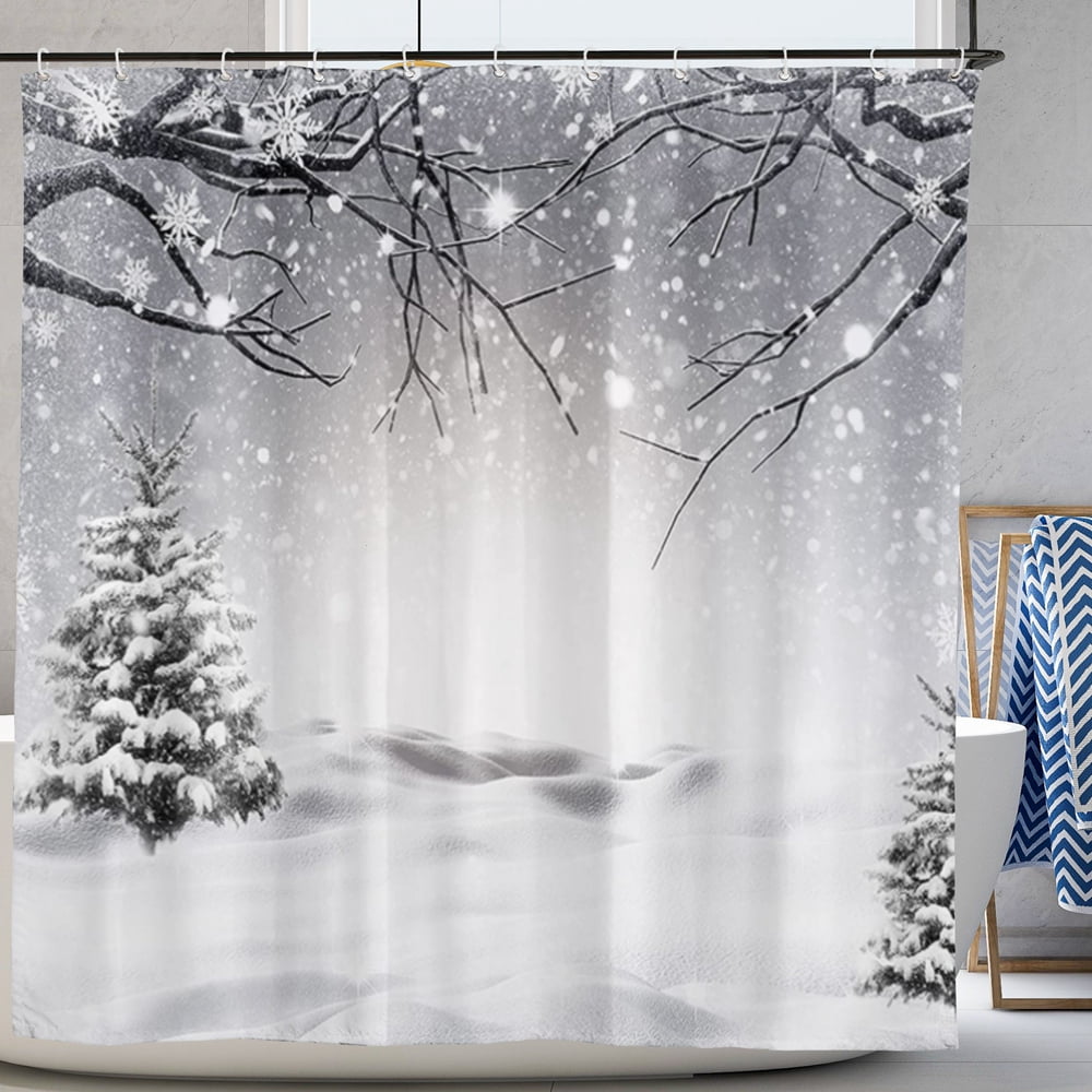 Winter Shower Curtain Snow Scene with Pine Tree Bathroom Shower Curtain ...