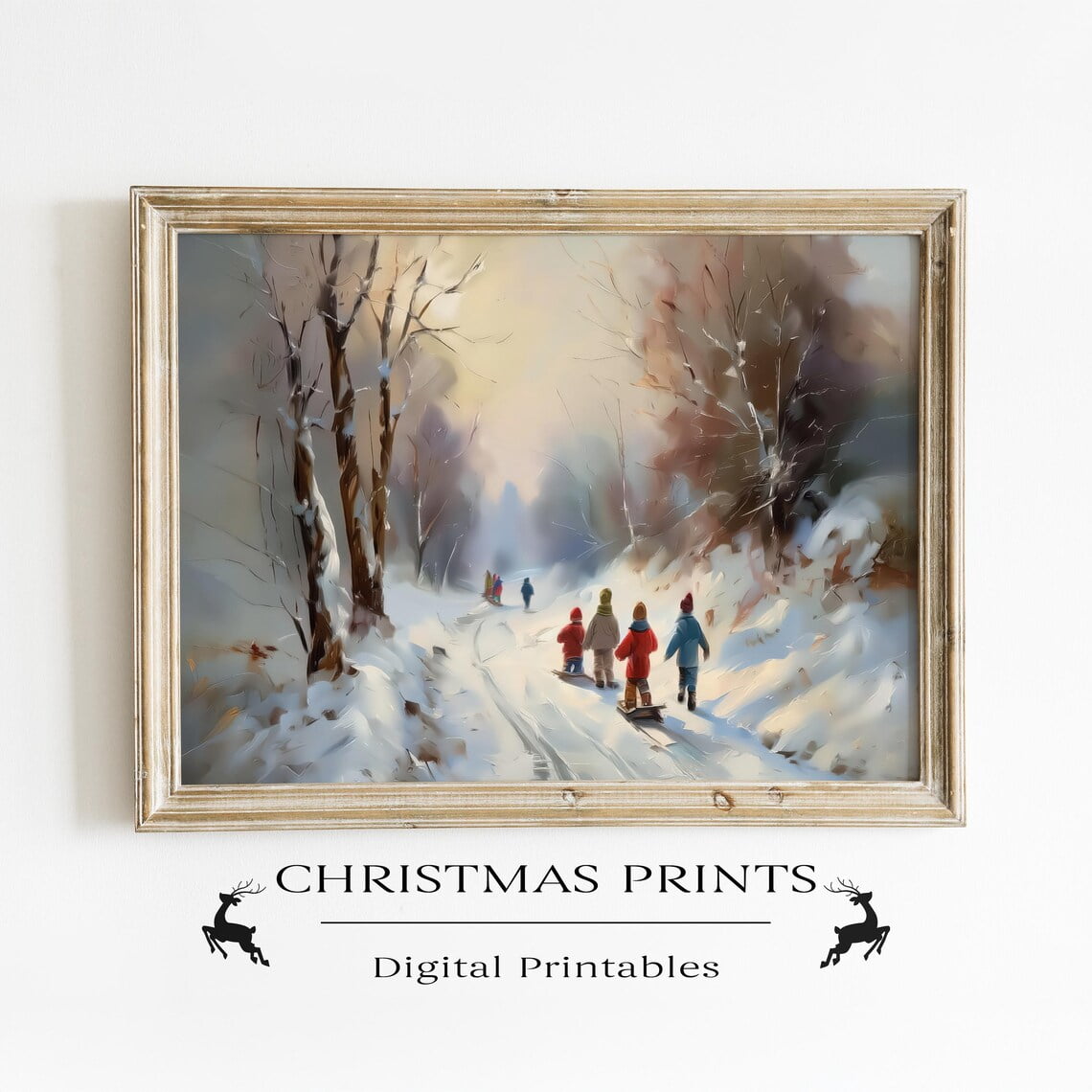 Winter Sledding Scene Poster Wall Art, Vintage Family Illustration For ...