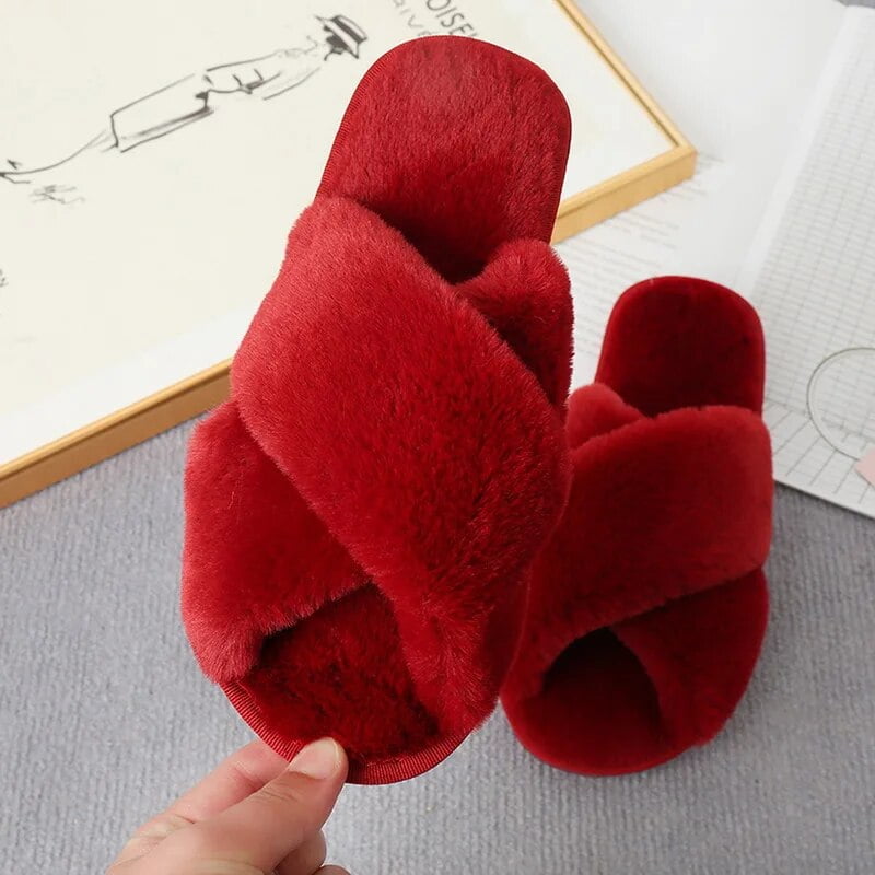 Winter Slippers Women Fashion Cross Fluffy Fur Slipper Home Slides ...