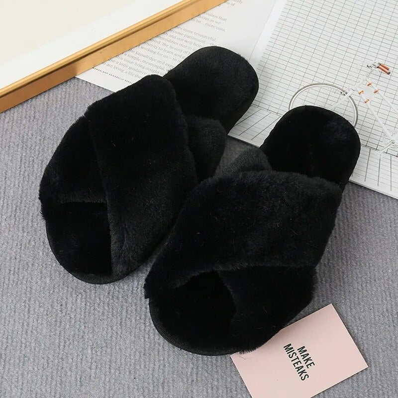 Winter Slippers Women Fashion Cross Fluffy Fur Slipper Home Slides ...