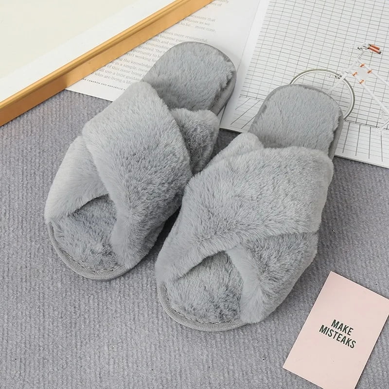 Winter Slippers Women Fashion Cross Fluffy Fur Slipper Home Slides ...
