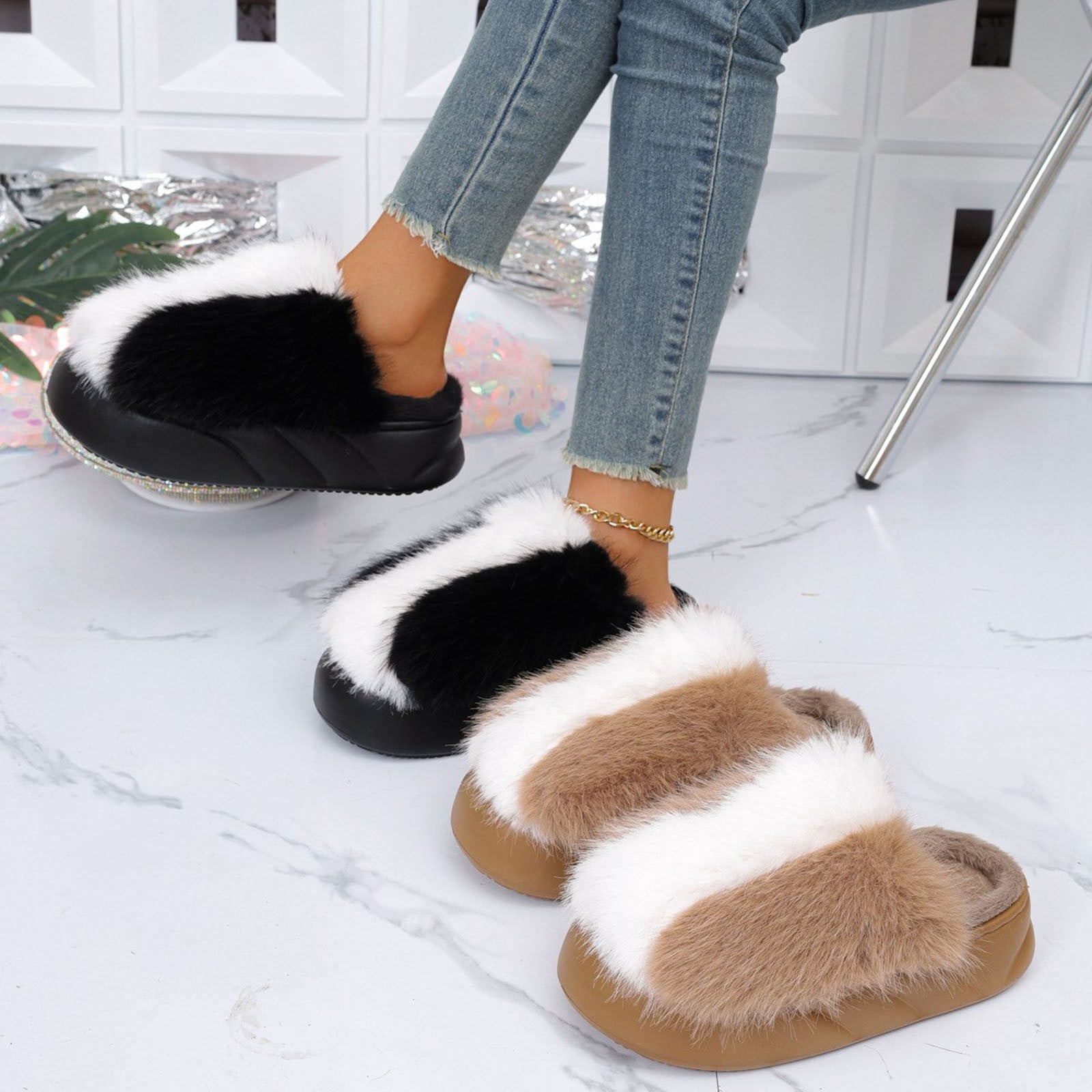 Winter Slippers for Women Slip-on Fuzzy Casual Winter Soft Thick Bottom ...