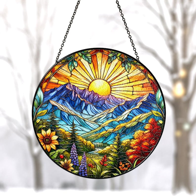 Winter Smoky Mountains Stained Glass Suncatcher Window Decor Gift For ...