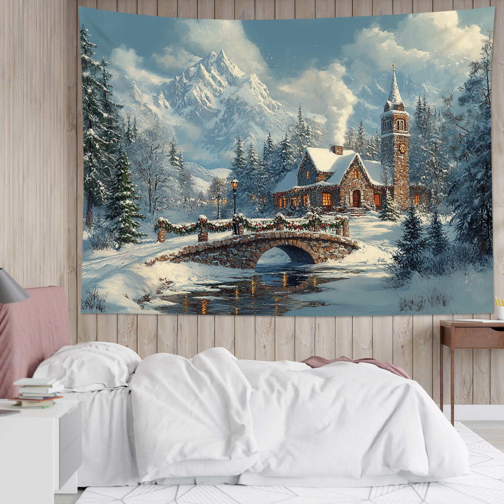 Winter Snow Forest Tapestry Wall Hanging Rustic Cabin and Pine Tree ...