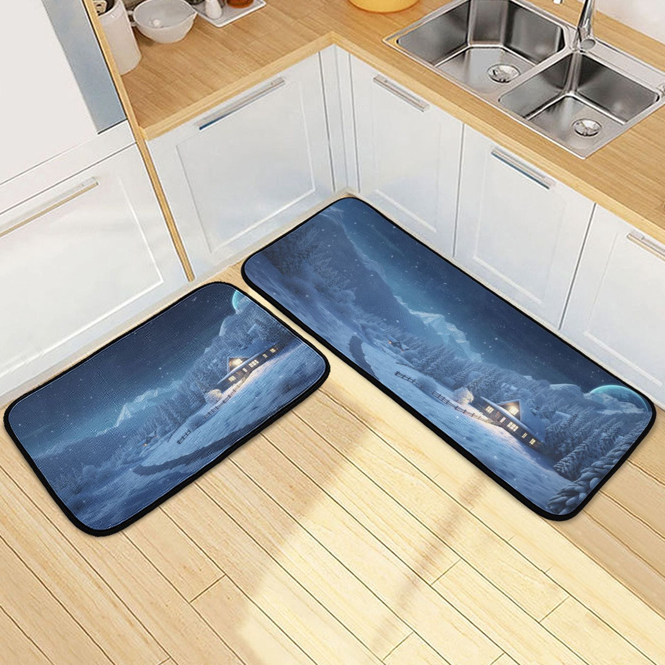 Winter Snow Kitchen Rugs Set of 2 Non Slip Floor Foam Mat Cushioned ...