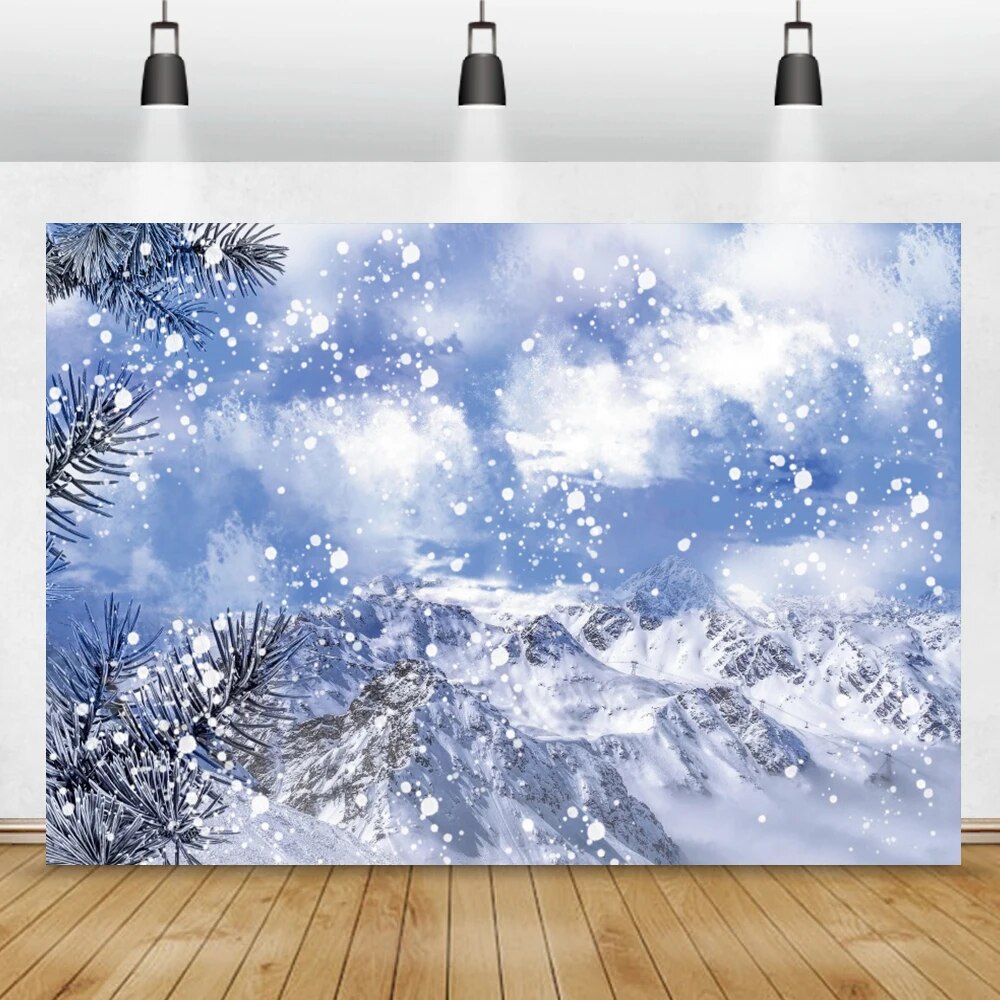 Winter Snow Mountain Backdrop Snowflake Pine Branches Blue Sky White ...