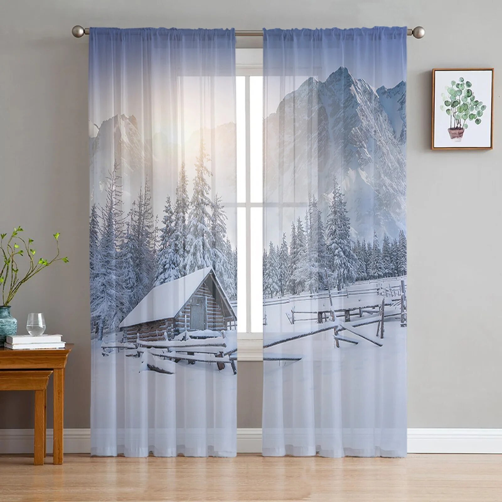 Winter Snow Mountain Morning Scenery House Tulle Curtains Living Room ...