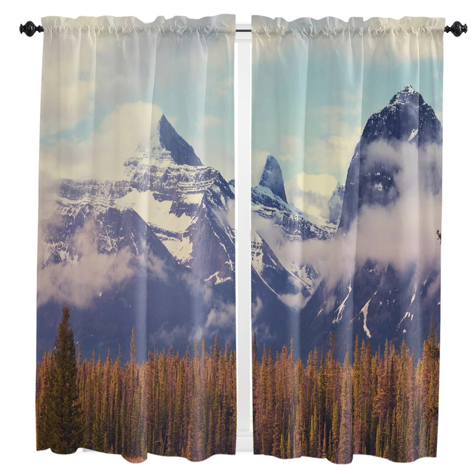 Winter Snow Mountain Morning Scenery House Window Curtains for Living ...