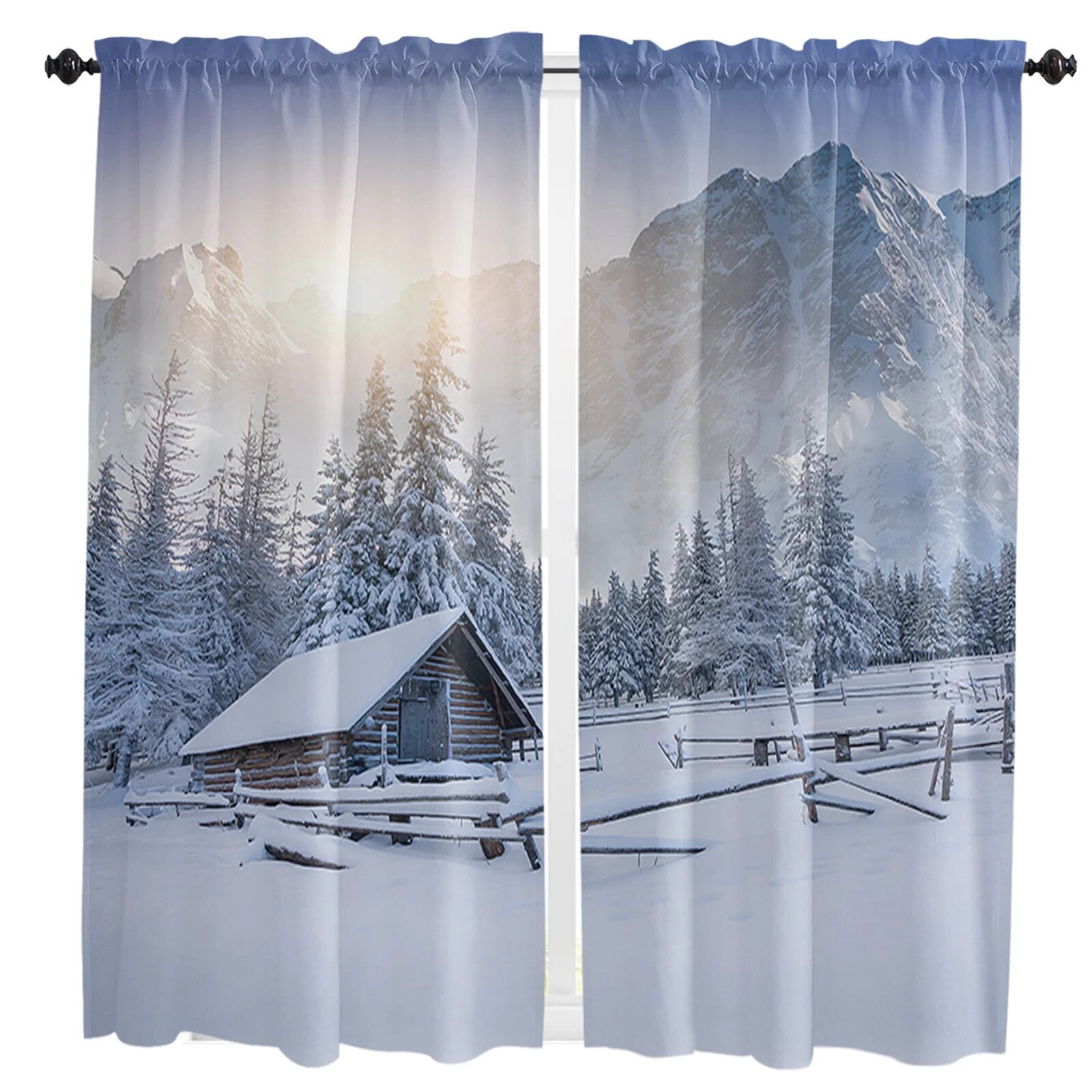 Winter Snow Mountain Morning Scenery House Window Curtains for Living ...