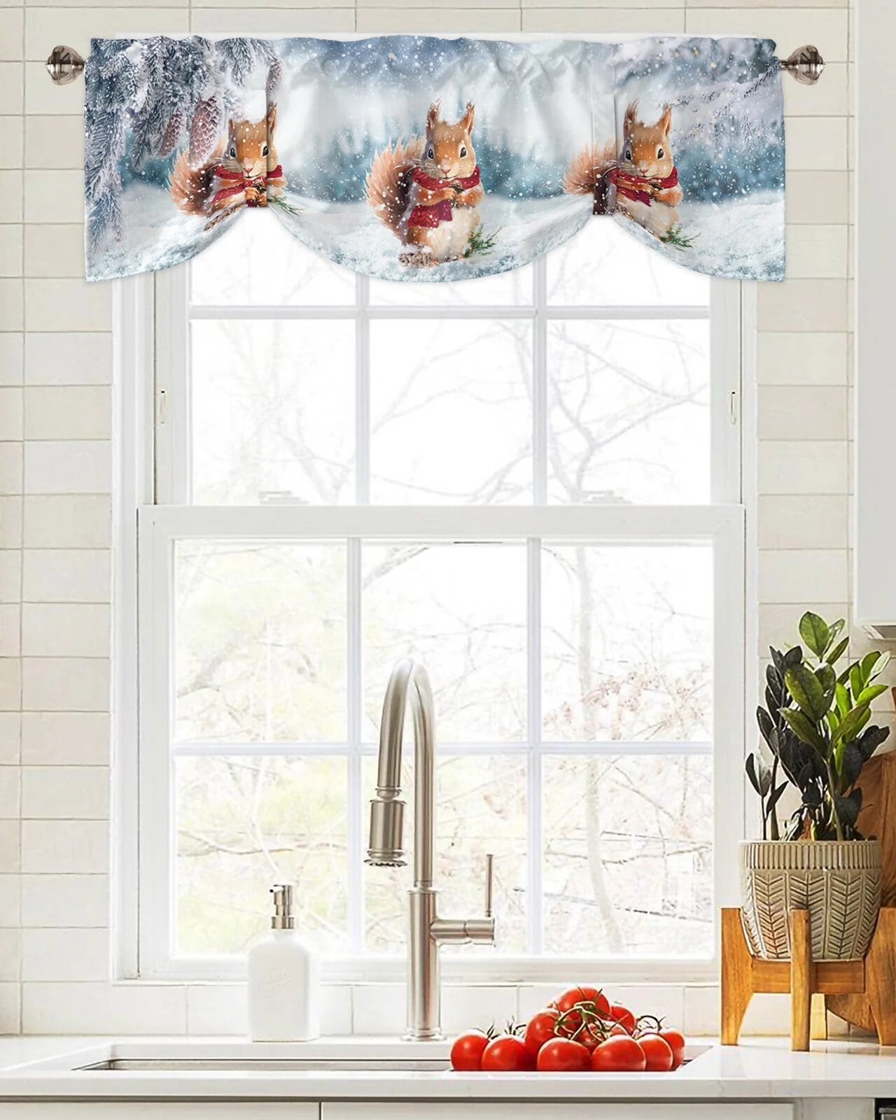 Winter Snow Pine Cone Squirrel Window Curtain for Living Room Christmas ...