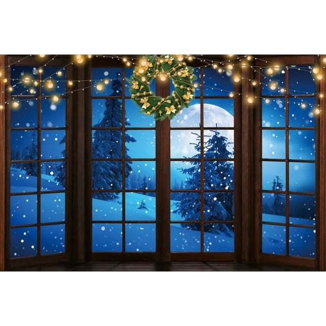 Winter Snow Scene Window Backdrop Christmas Glitter Snowflake Night ...