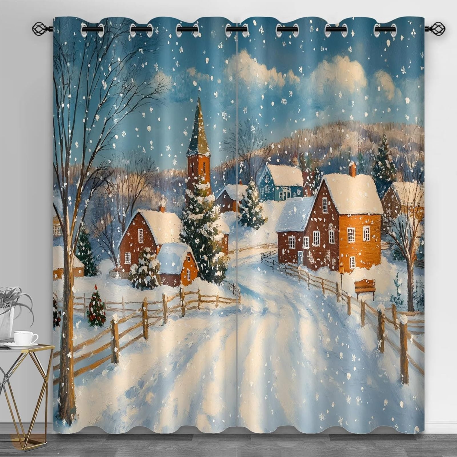 Winter Snow Scenery Blackout Curtains, Snow Village 3D Printed Drapes ...