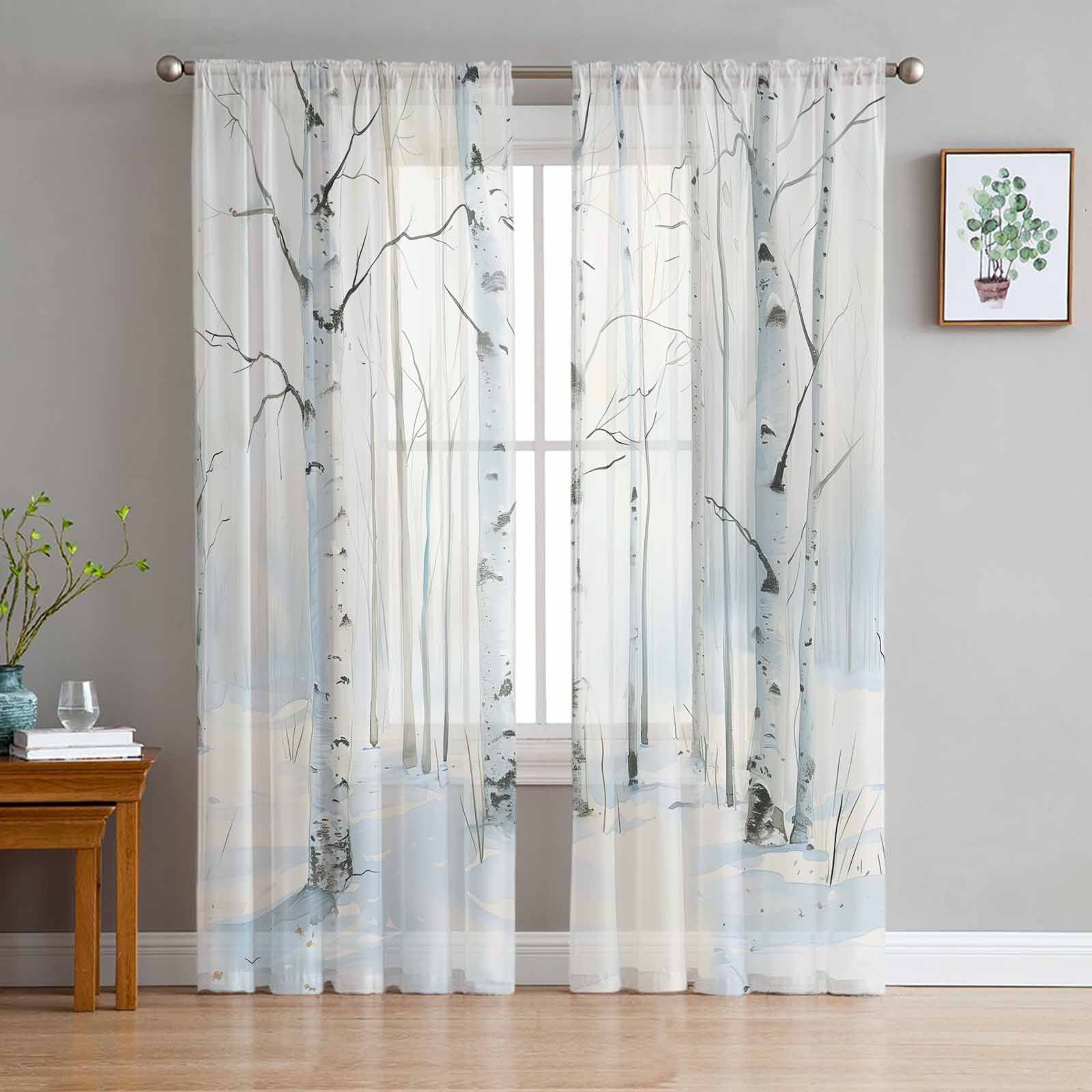 Winter Snow Scenery Watercolor Birch Tree Tulle Curtains for Living ...
