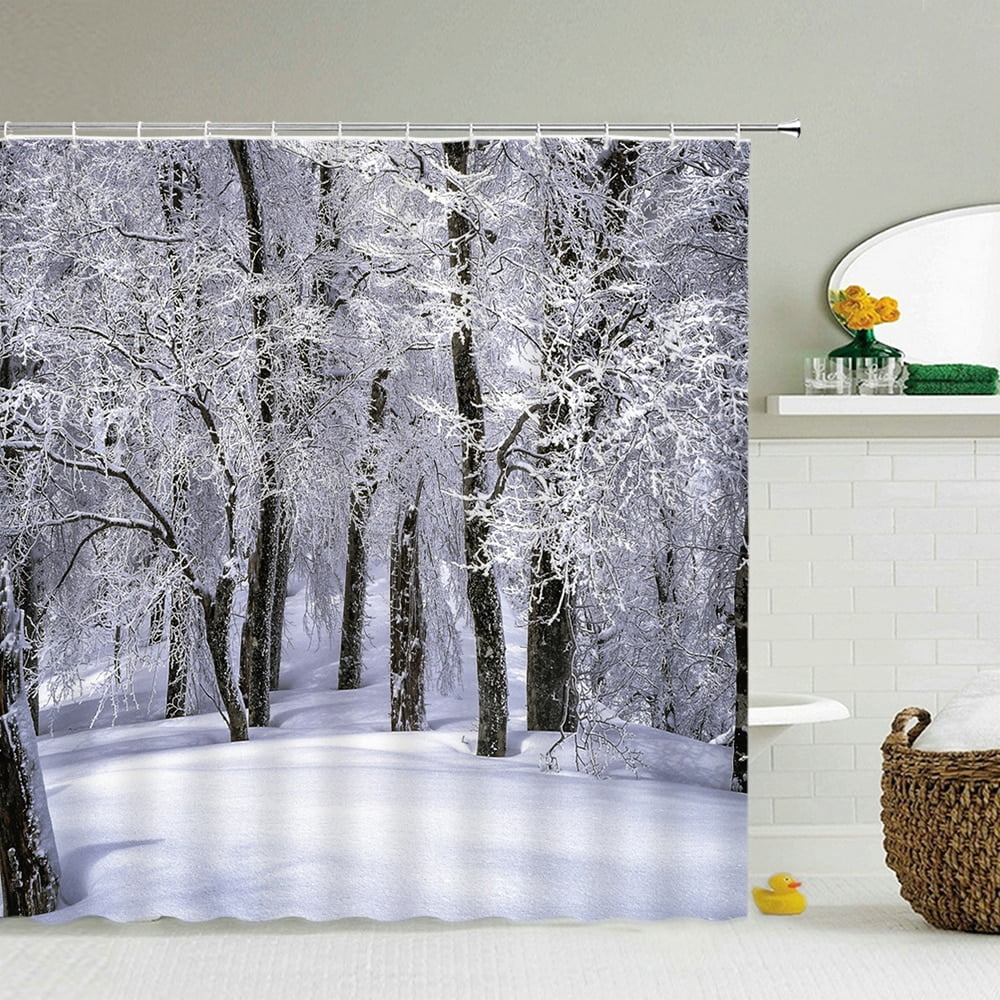 Winter Snow Tree Shower Curtains Decoration Waterproof Fabric Natural ...
