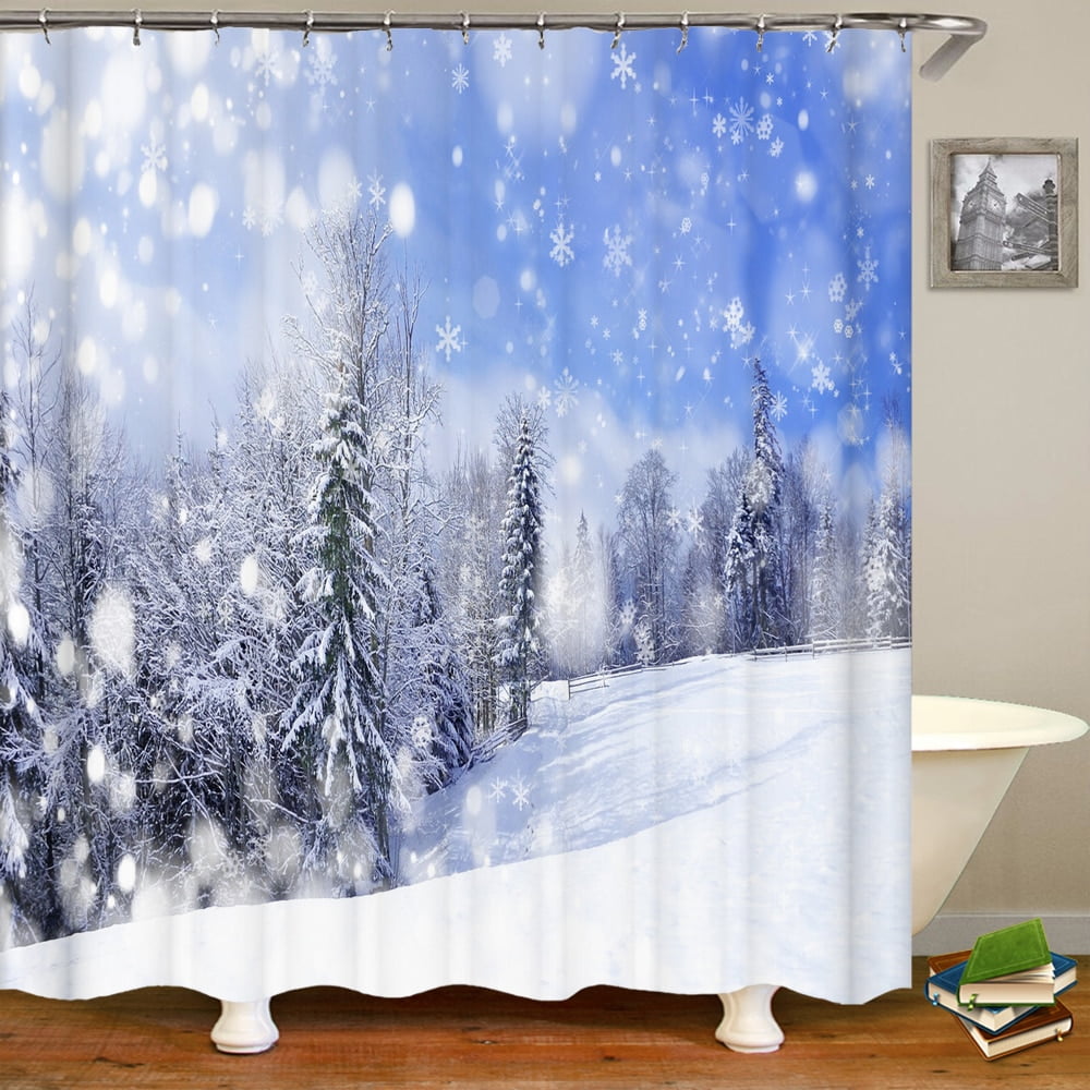 Winter Snow Tree Shower Curtains Decoration Waterproof Fabric Natural ...