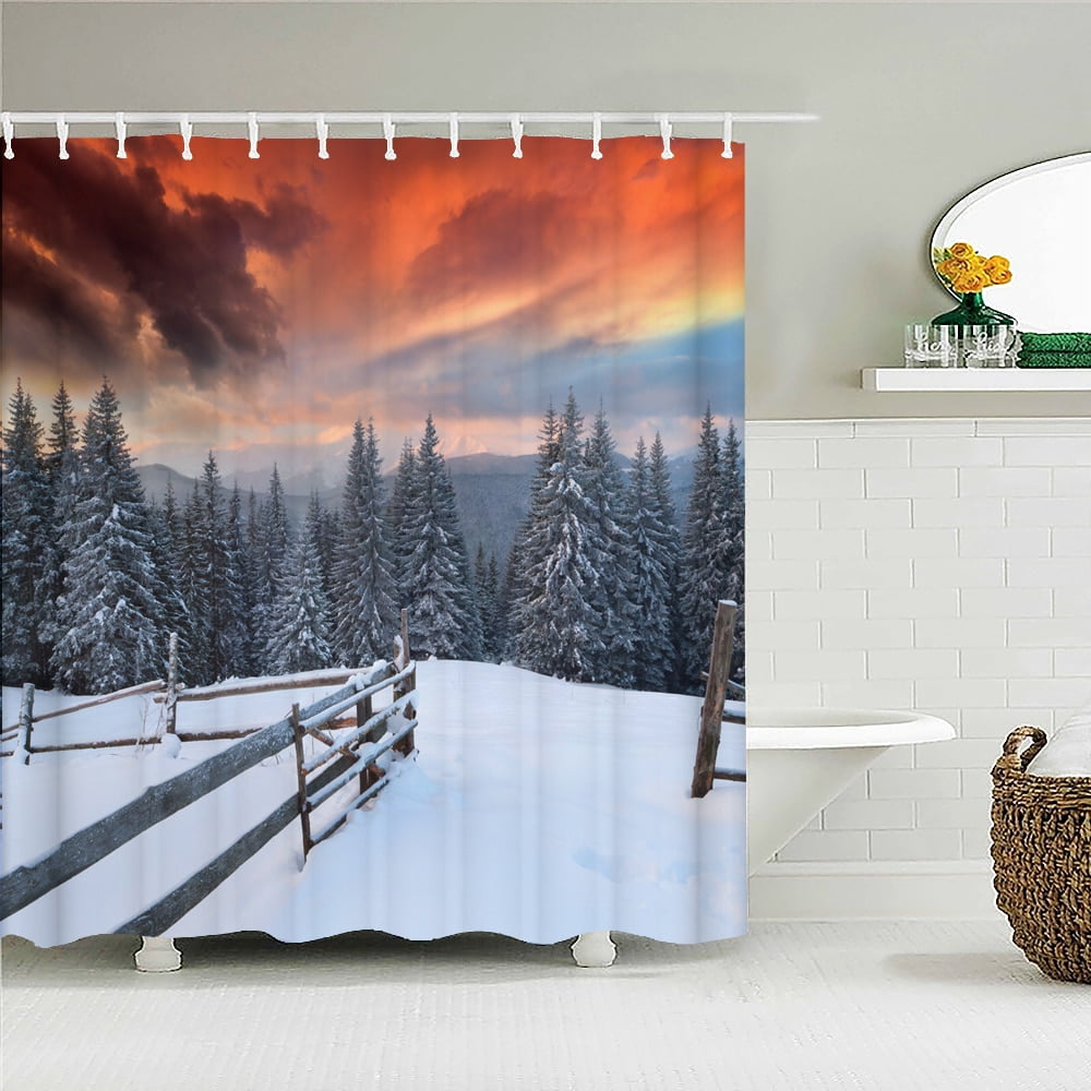 Winter Snow Tree Shower Curtains Decoration Waterproof Fabric Natural ...