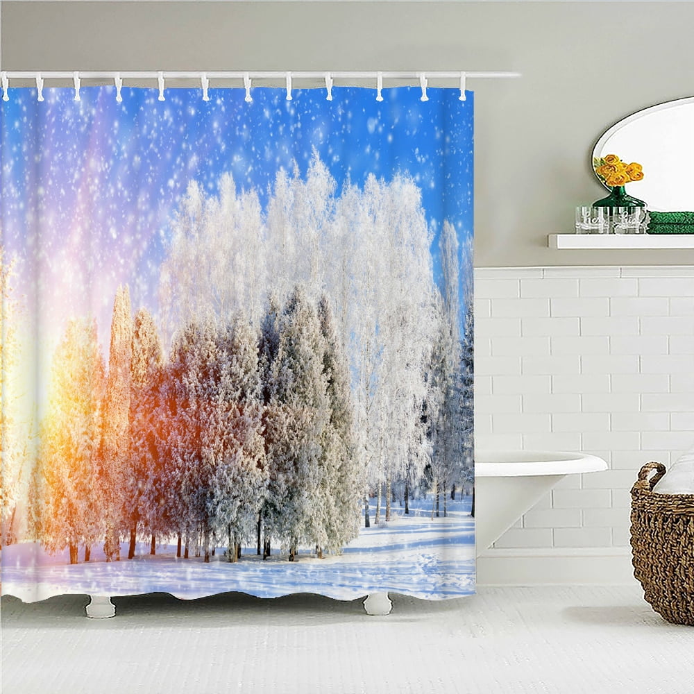 Winter Snow Tree Shower Curtains Decoration Waterproof Fabric Natural ...