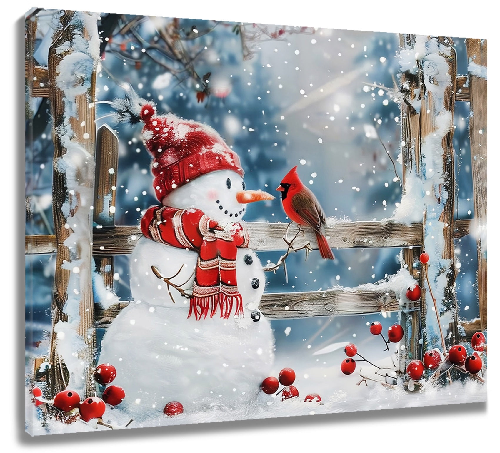 Winter Snow Wall Art, Red Christmas Snowman and Cardinal on Wood Canvas ...