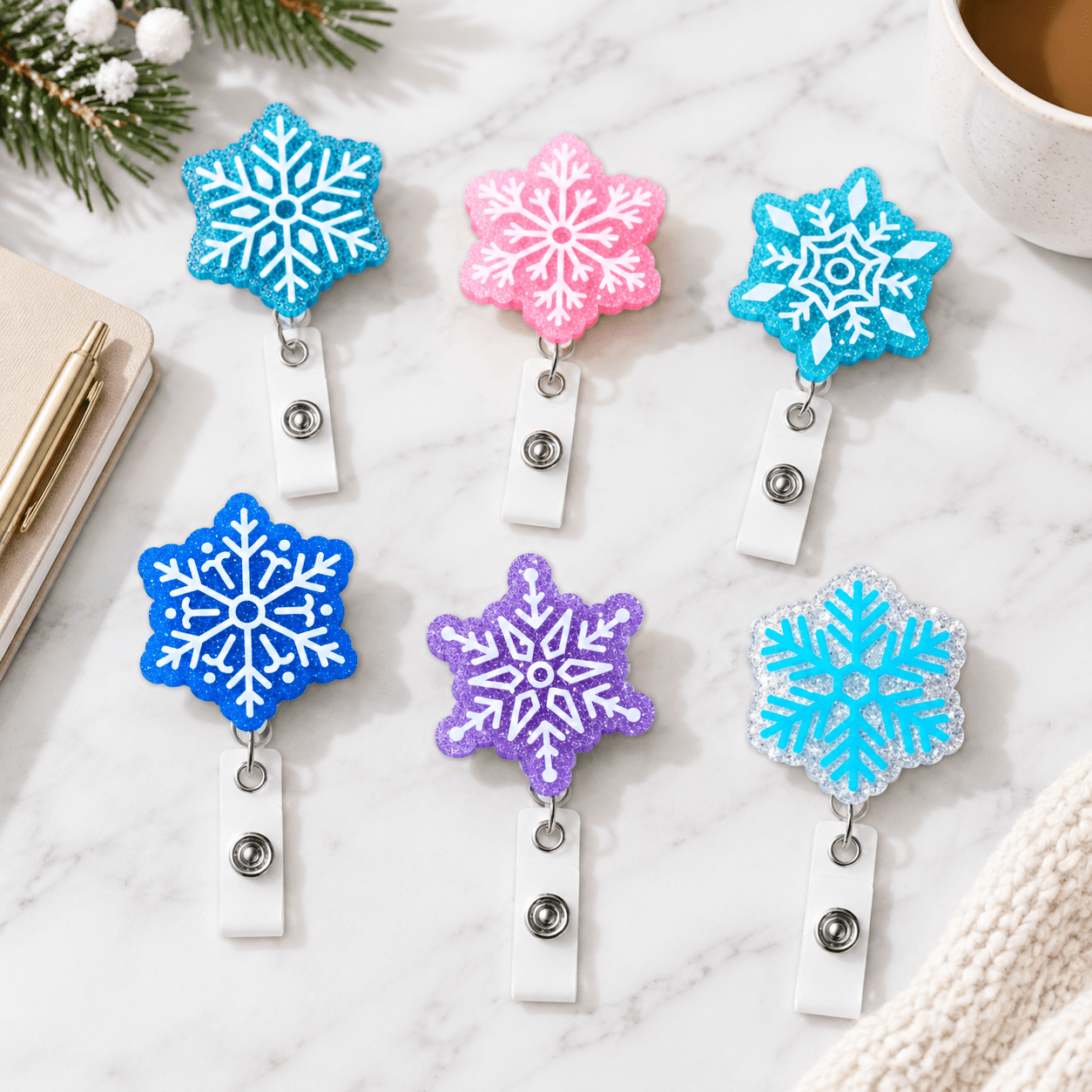 Winter Snowflake Badge Reels, 6-Pack Glitter Retractable ID Holders for ...
