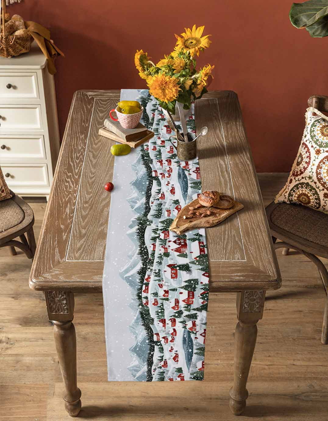 Winter Snowflake Hand Drawn Town Table Runner Cotton Lin Wedding Table ...