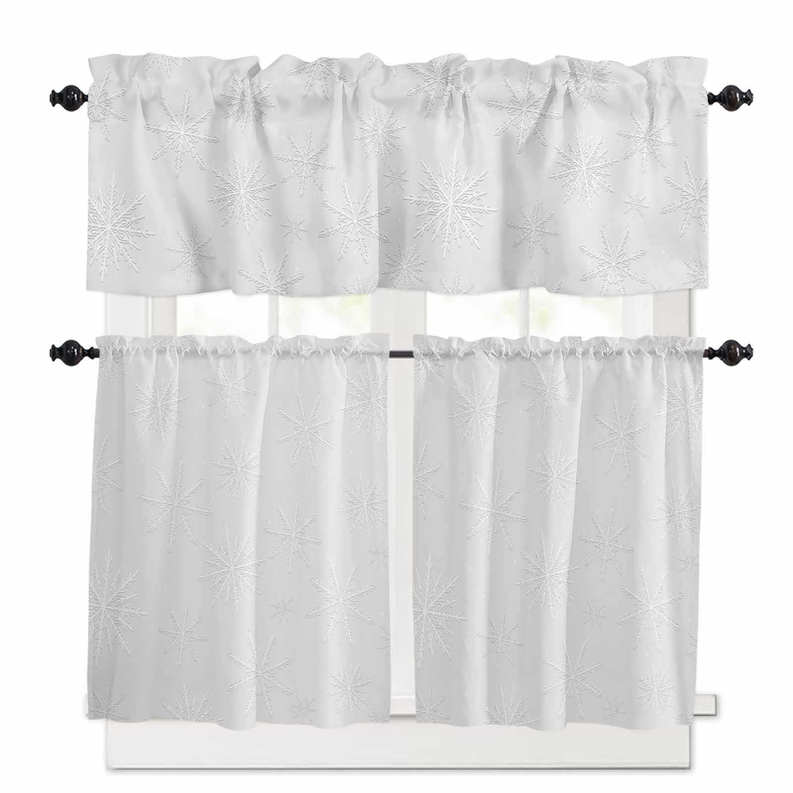 Winter Snowflake Kitchen Curtains and Valances Set, Gray Background ...