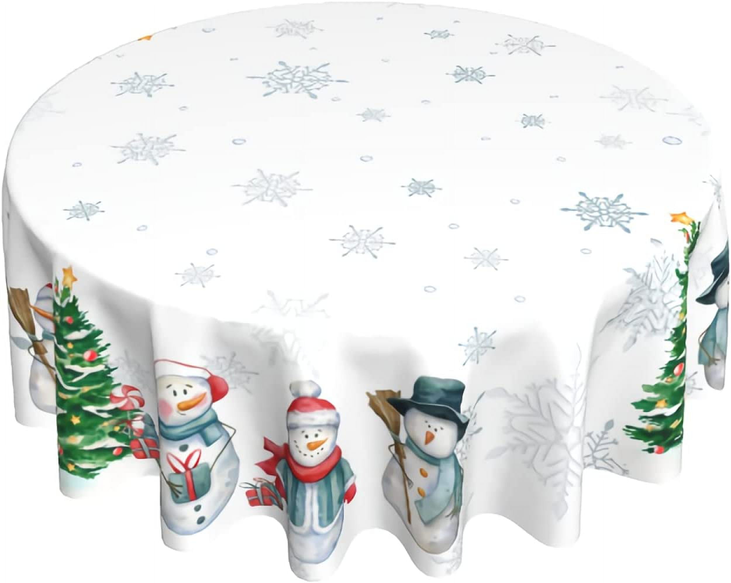 Winter Snowflake Round Tablecloth 60 Inch Snowman White New Years ...