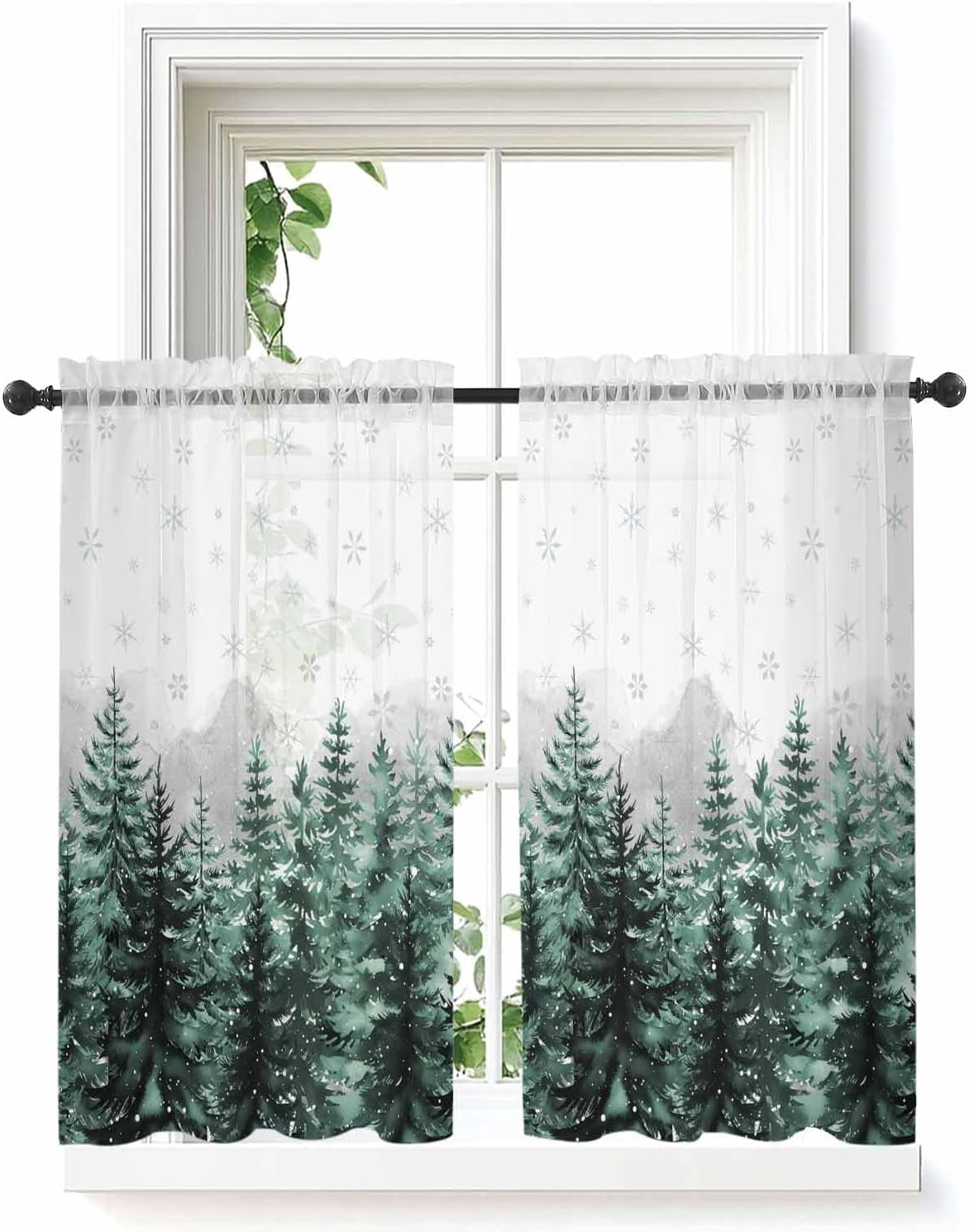 Winter Snowflake Sheer Curtains for Bedroom Living Room, Green Pine ...