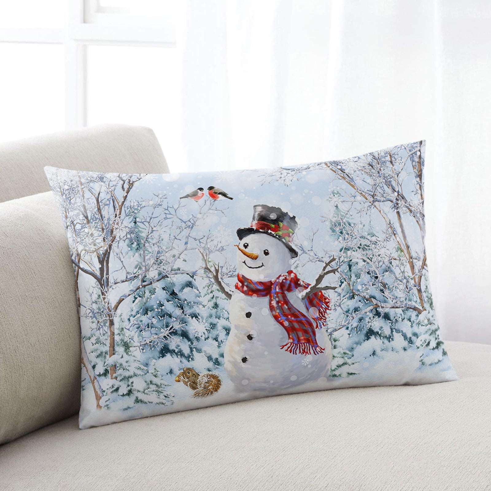 Winter Snowflake Snowman Throw Pillow Cover, Blue Christmas Snowscape ...