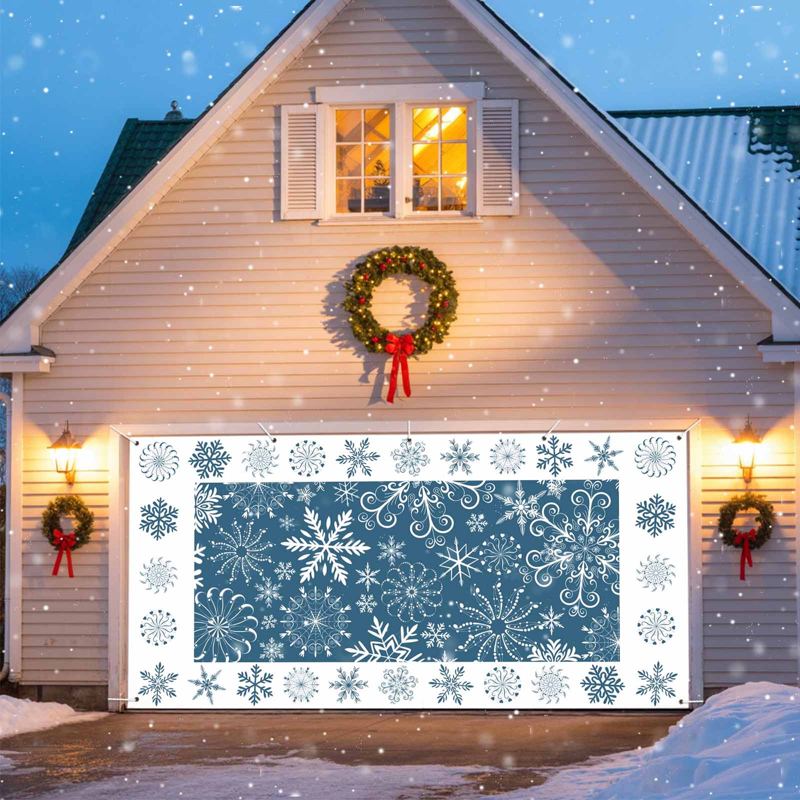 Winter Snowflakes Garage Door Banner Covers, Christmas Navy Background ...