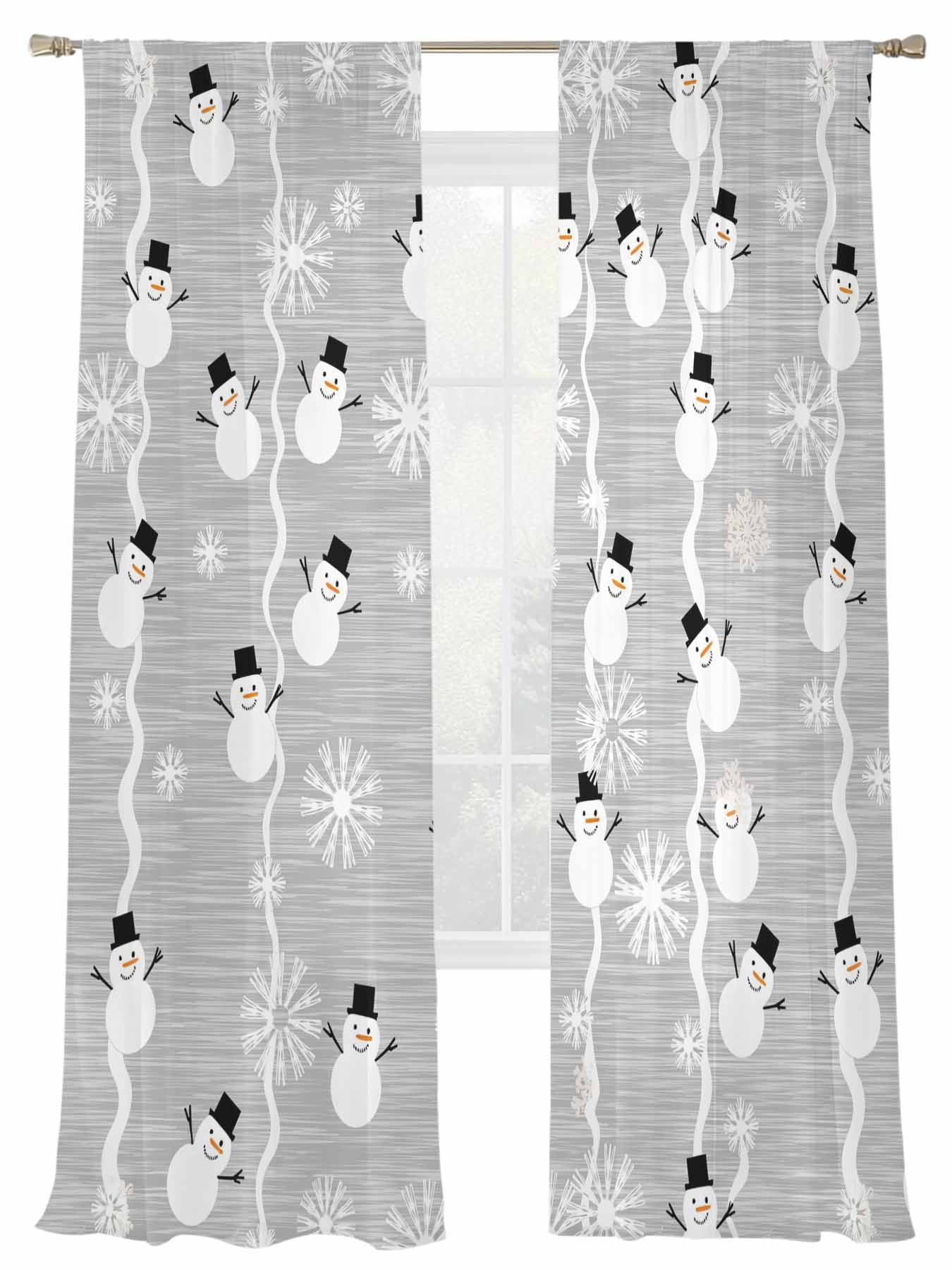 Winter Snowman with Hat Sheer Curtains 84 inches Long, Snowflake Gray ...