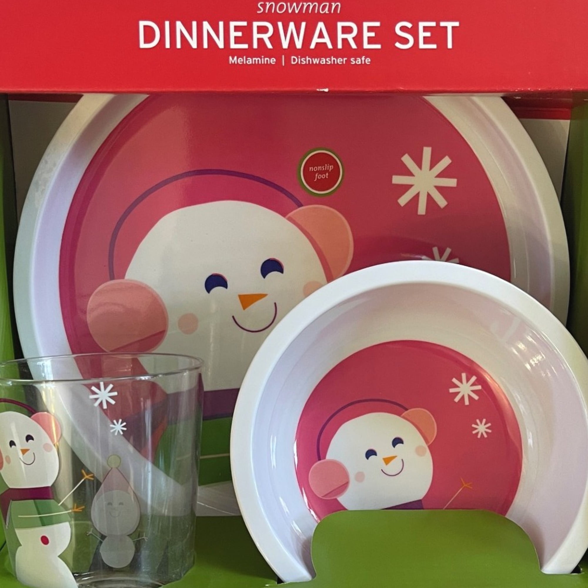 Winter Snowman Holiday 3-Piece Kids Dish Set, Pink Dinnerware Set ...