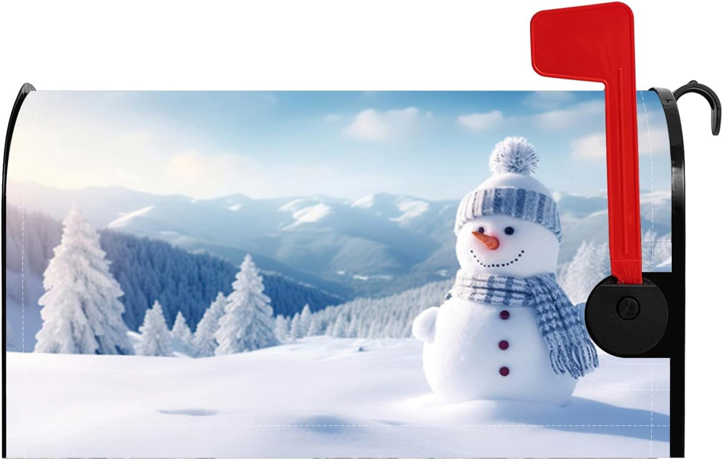 Winter Snowman Mailbox Cover White Snowfield Mountain Pine Trees Plants ...