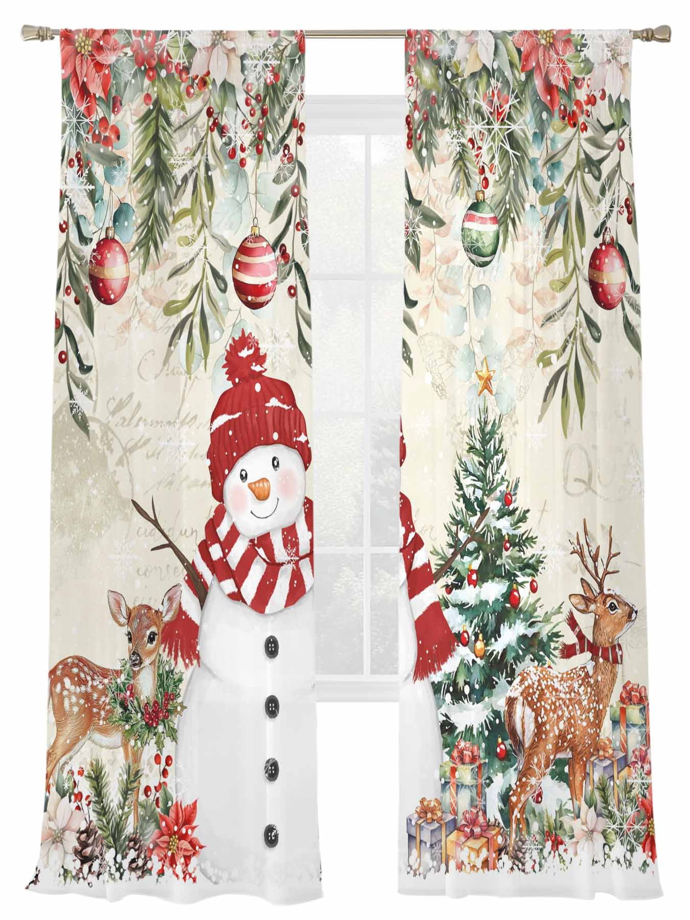 Winter Snowman Sheer Curtains 96 inches Long, Christmas Tree Leaves Elk ...