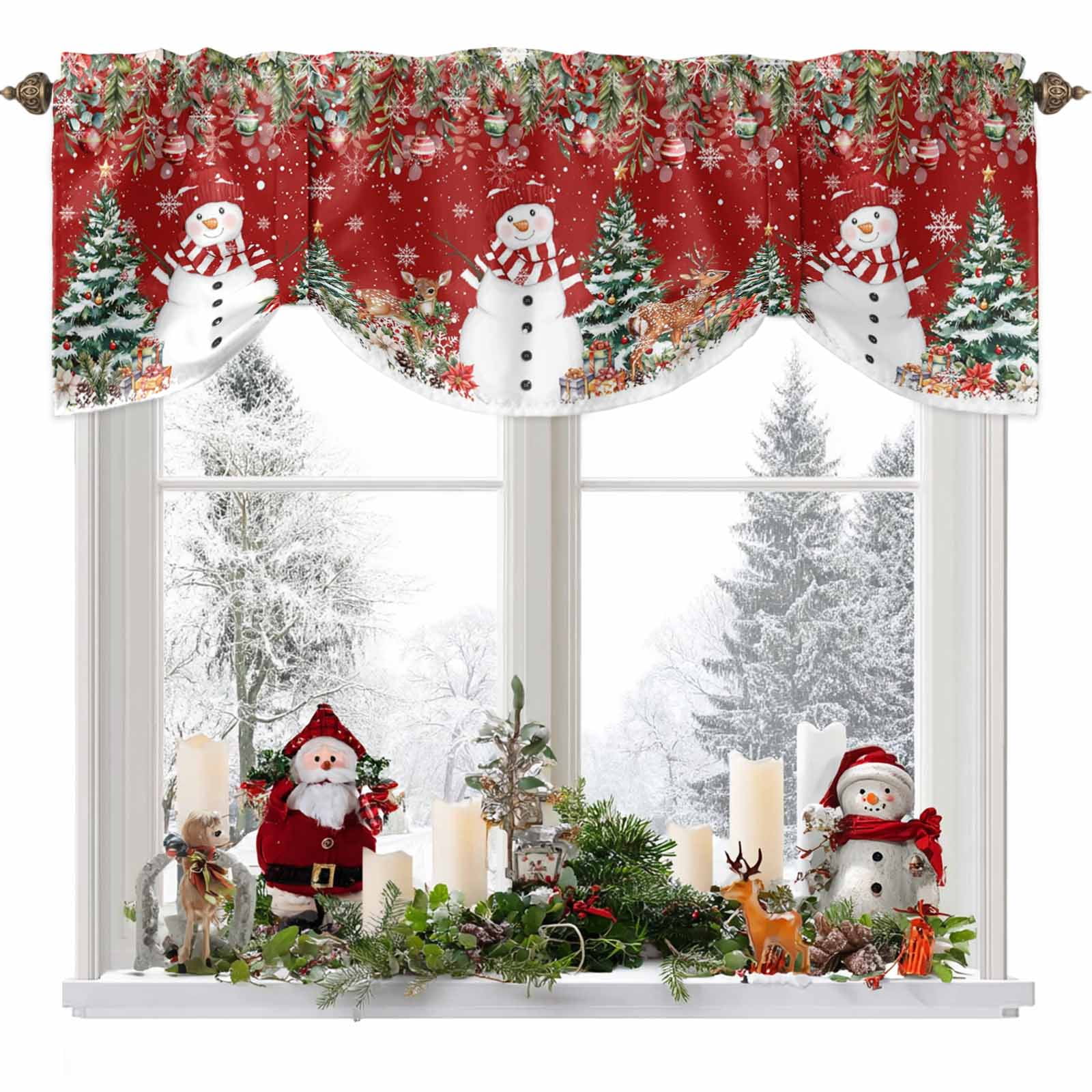 Winter Snowman Tie Up Valances Curtain, Christmas Tree Leaves Elk ...