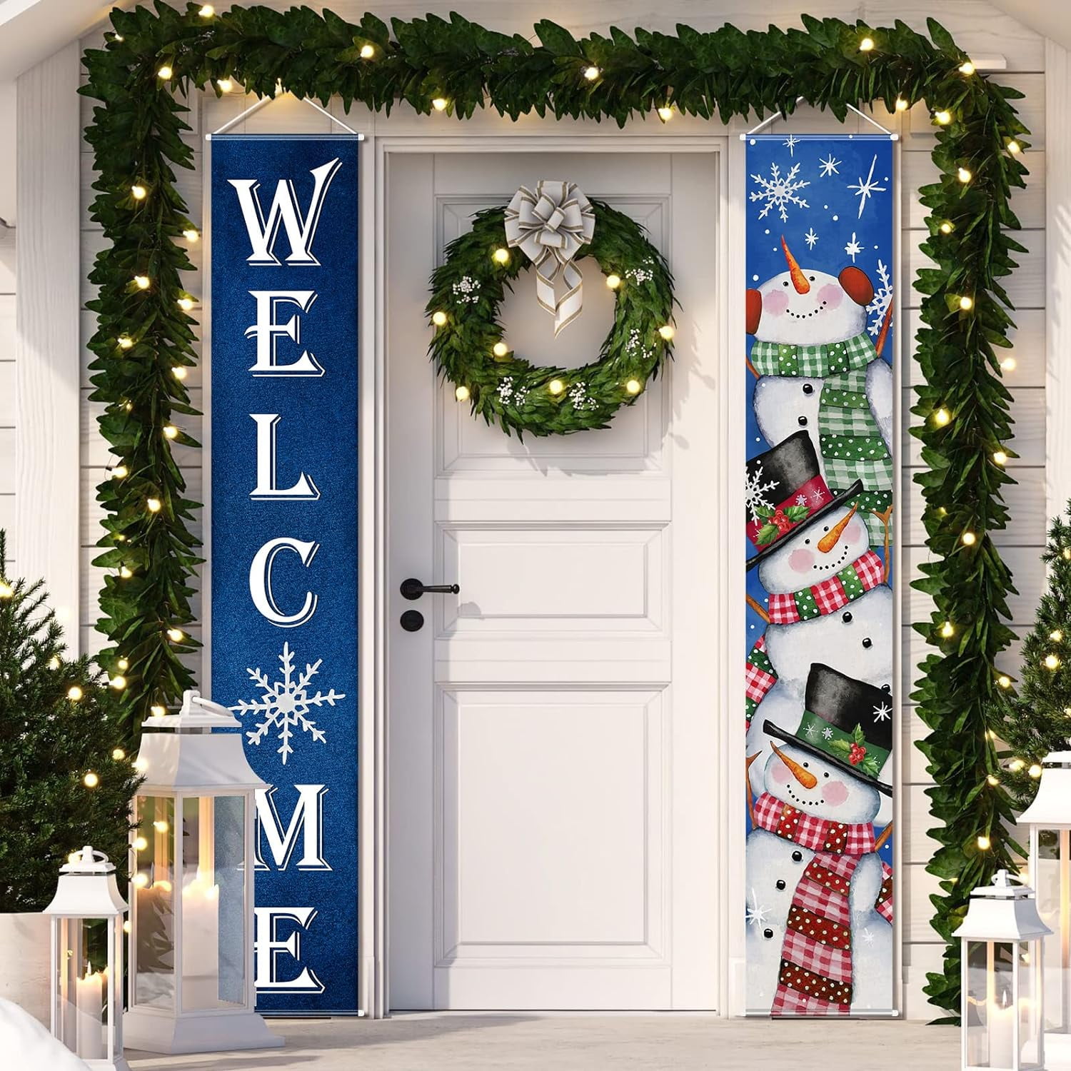 Winter Snowman Welcome Door Banner Porch Sign, Watercolor Snowman ...