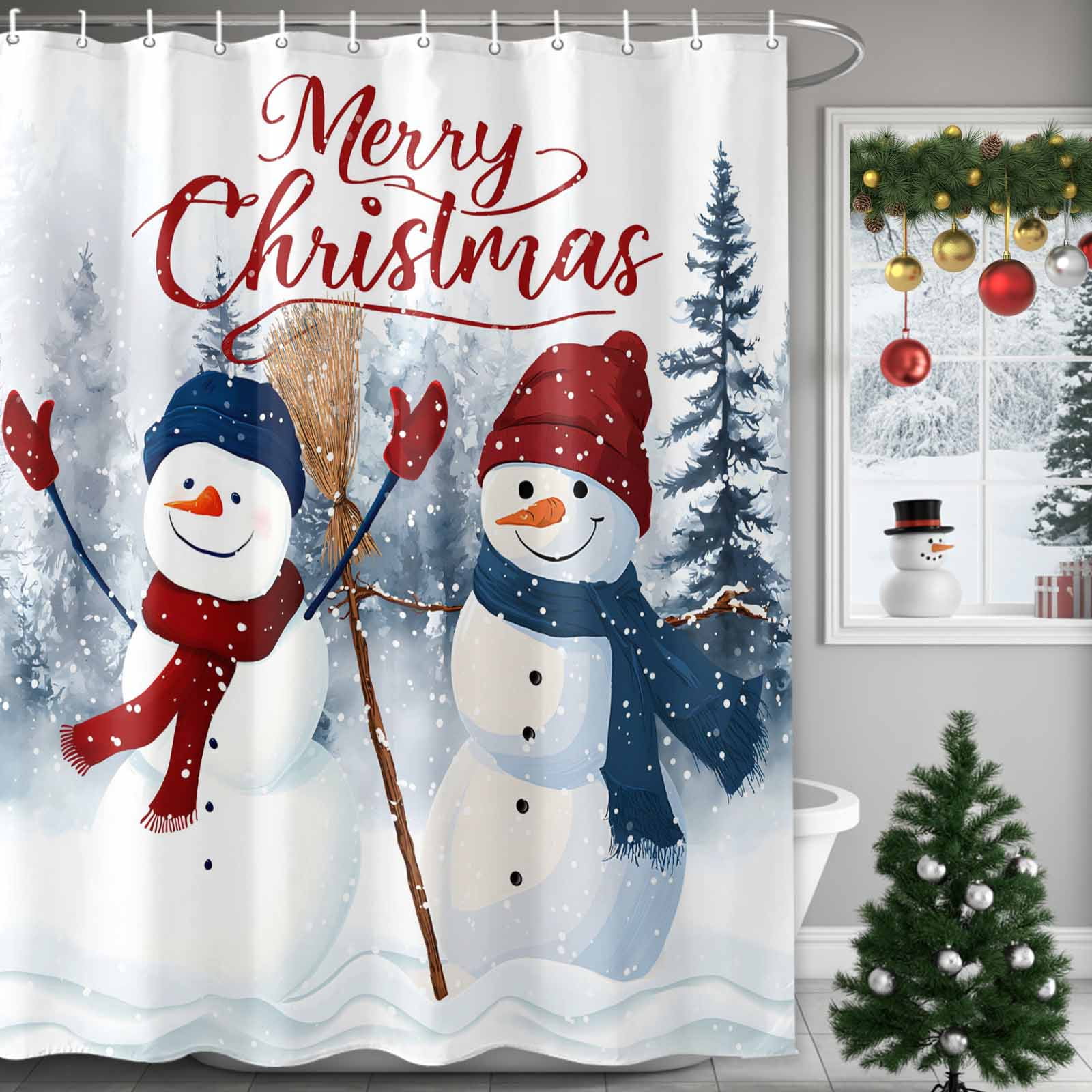 Shower Curtains Sets for Bathroom Decor Winter Snowman Winter Snowfall ...