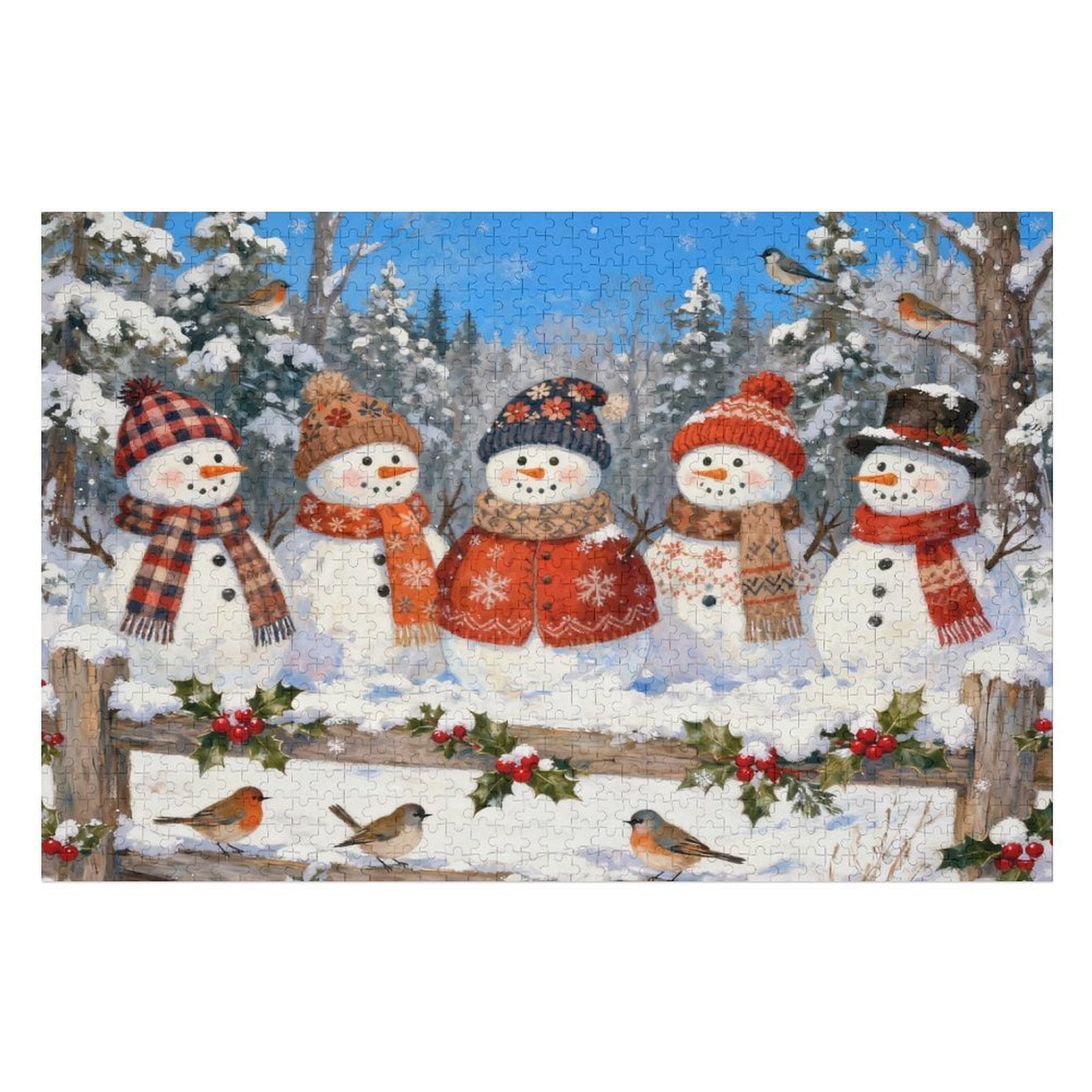 Winter Snowmen 1000 Piece Puzzle for Adults, Holiday Scene with Birds ...