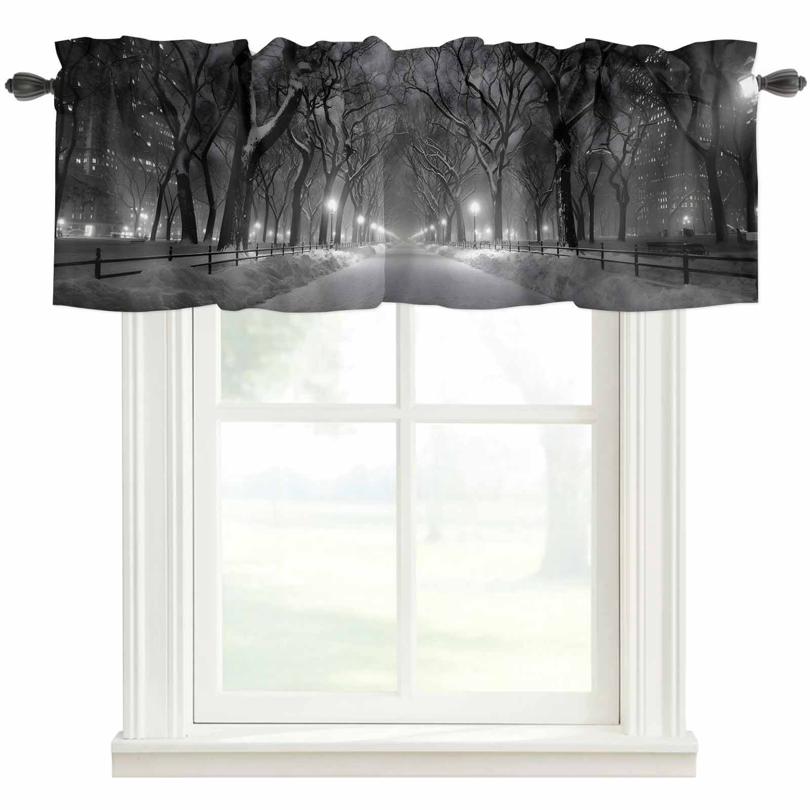 Winter Snowscape Rod Pocket Curtain Valance, Night Snow Landscape Trees ...