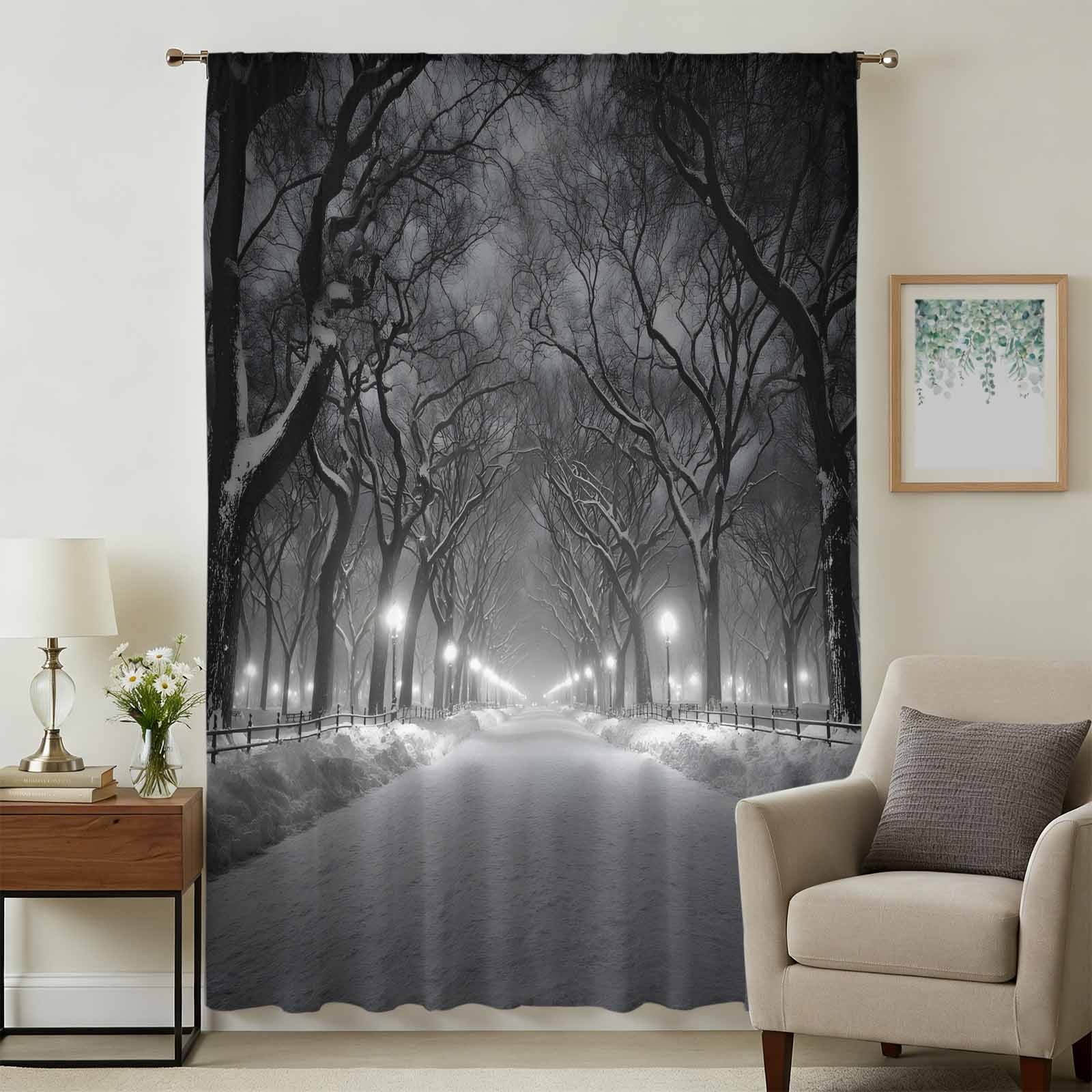 Winter Snowscape Sheer Curtains 96 Inches Long, Night Snow Landscape ...